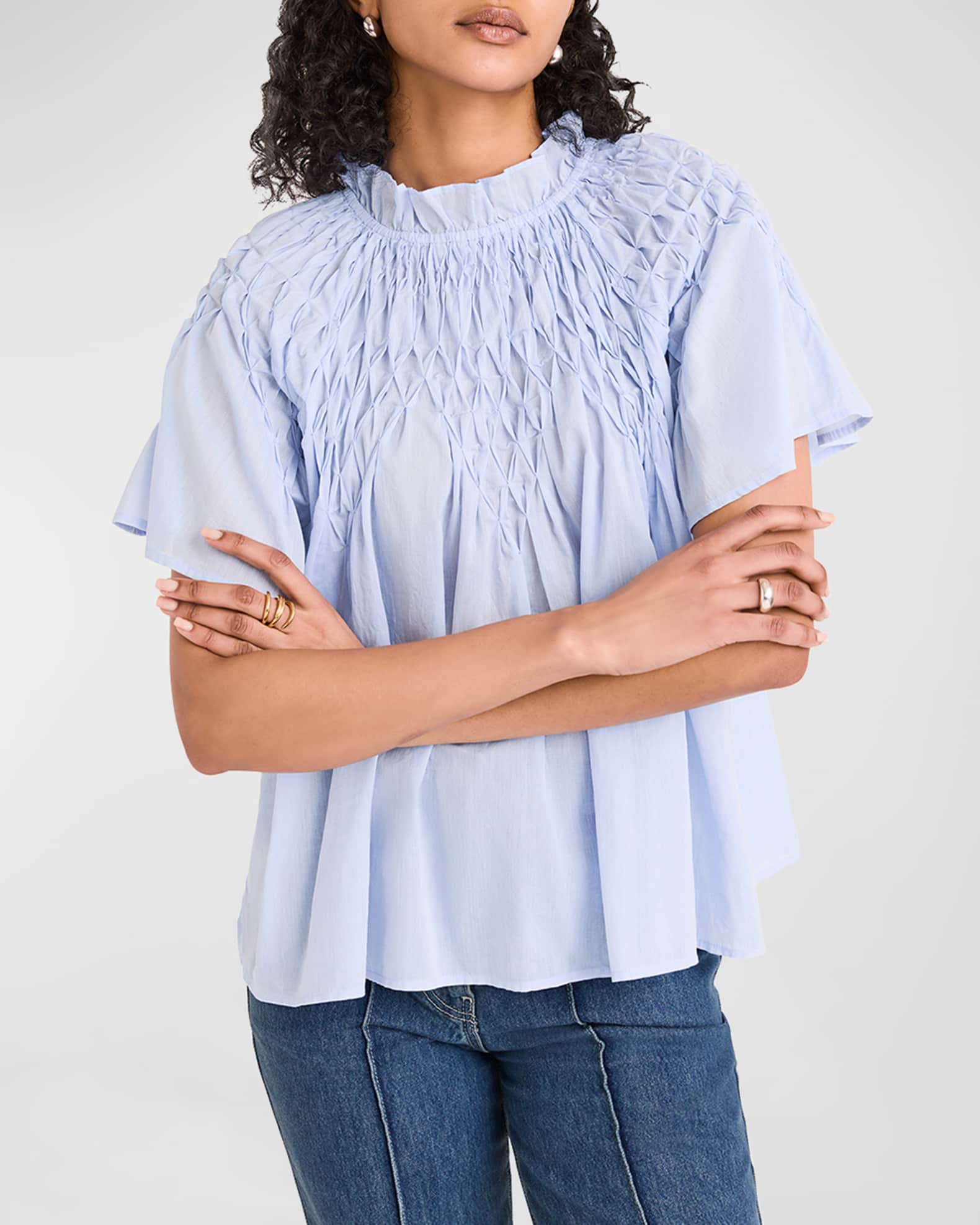 Merlette Bejart Smocked Cotton Chambray Top | Neiman Marcus