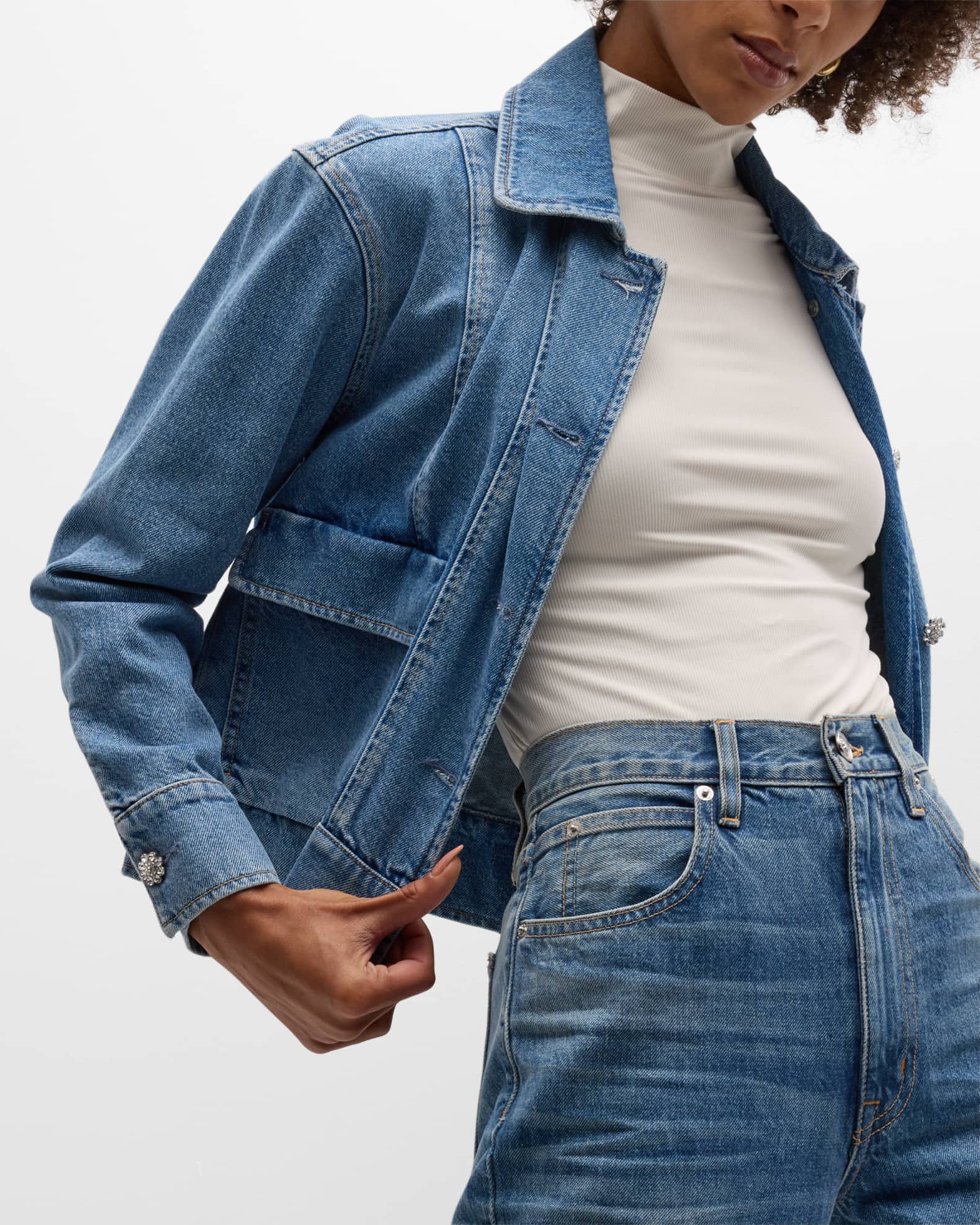 Rails Bianca Embellished-Button Denim Jacket | Neiman Marcus