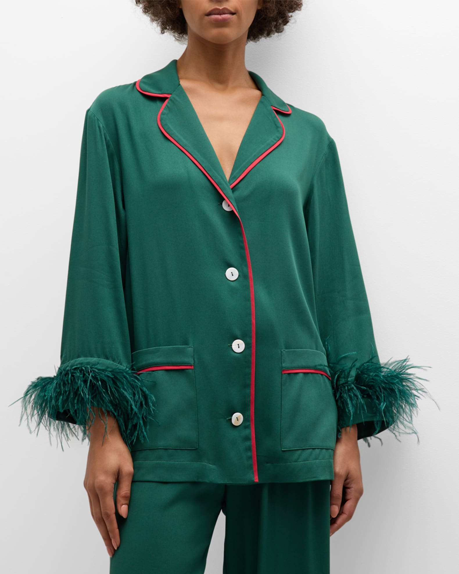 Sleeper Party Feather-Trim Cropped Pajama Set | Neiman Marcus