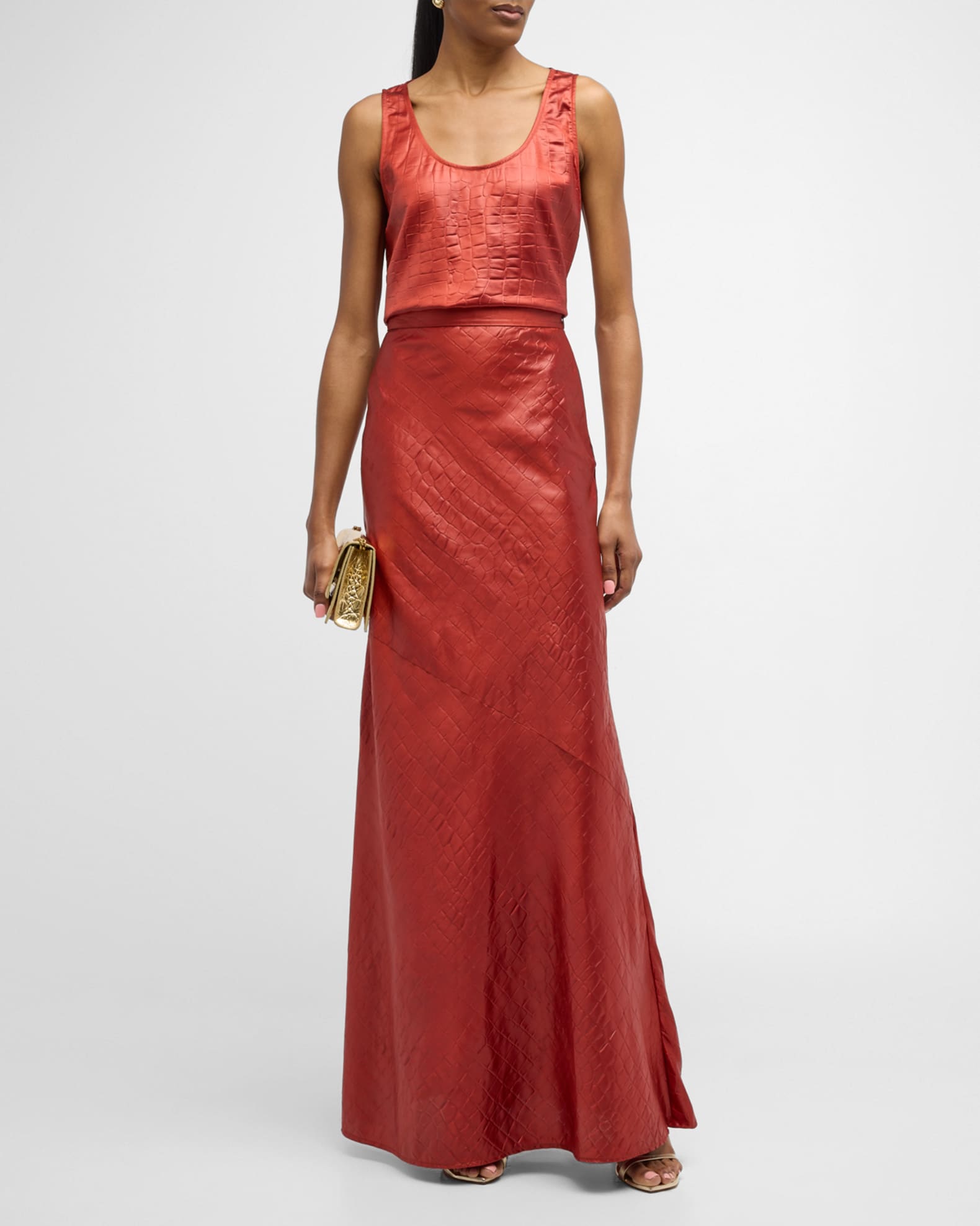 St. John Croc-Embossed Italian Fluid Satin Tank Top | Neiman Marcus