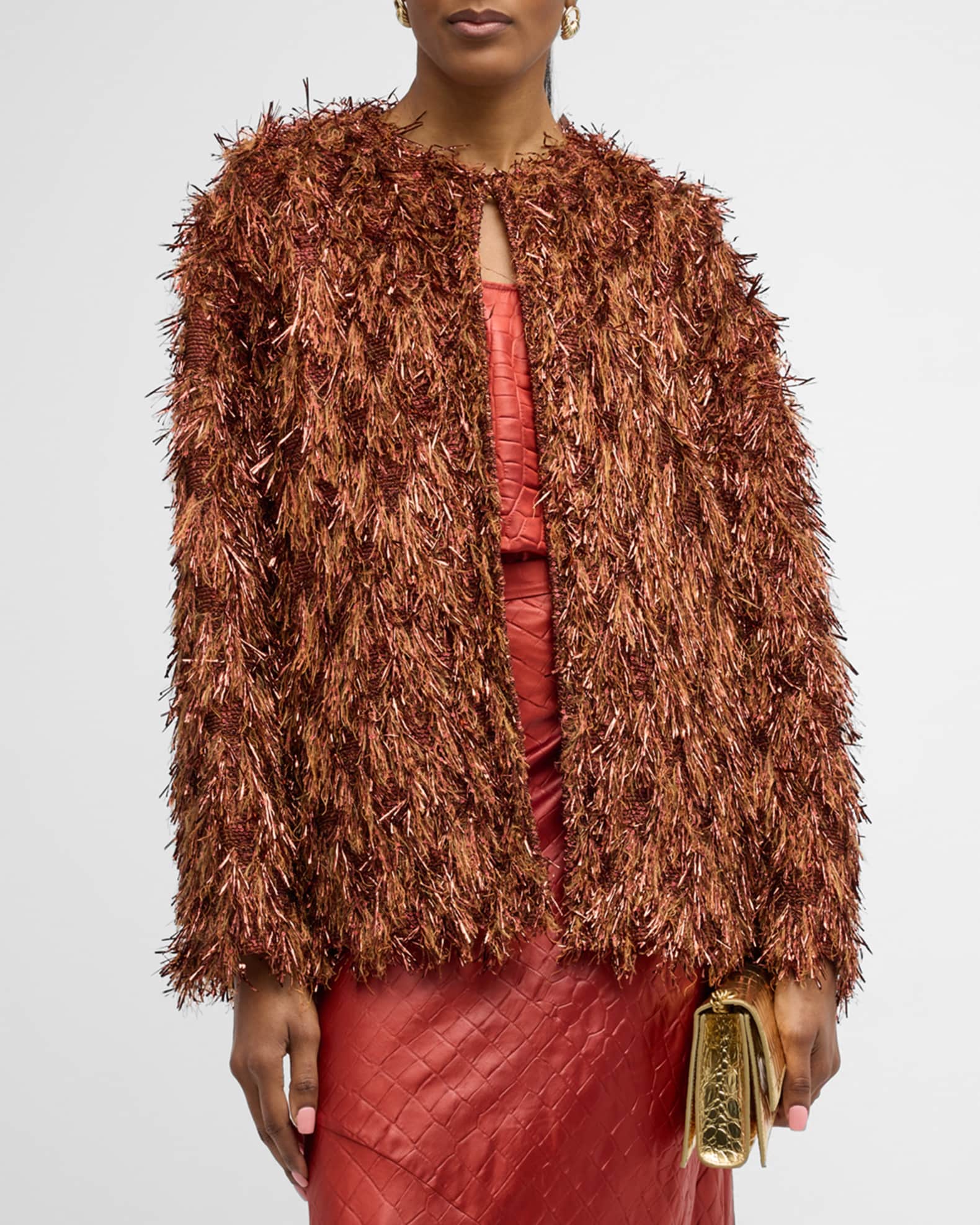 St. John Metallic Sequin Faux-Fur Fringe Knit Jacket | Neiman Marcus
