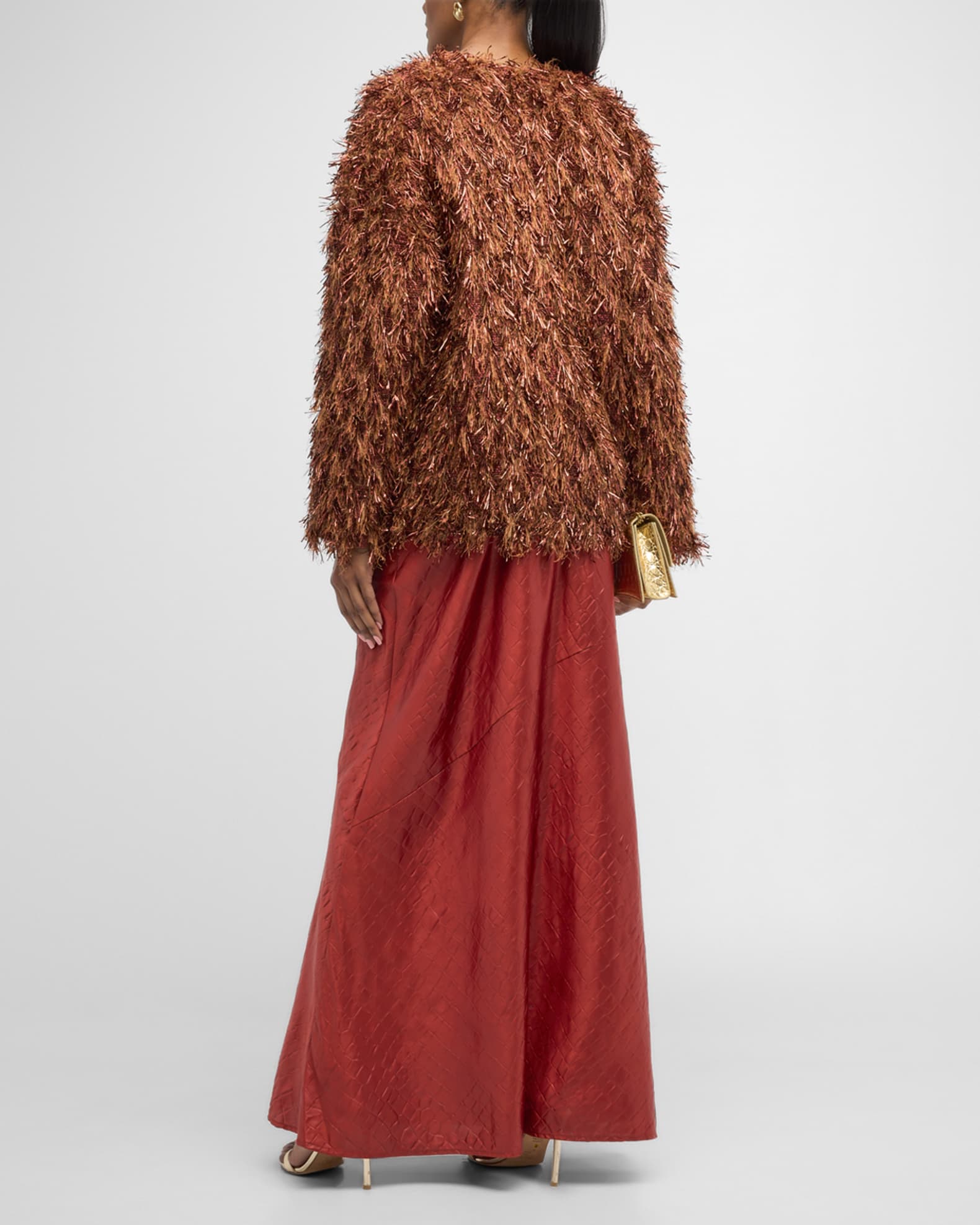 St. John Metallic Sequin Faux-Fur Fringe Knit Jacket | Neiman Marcus