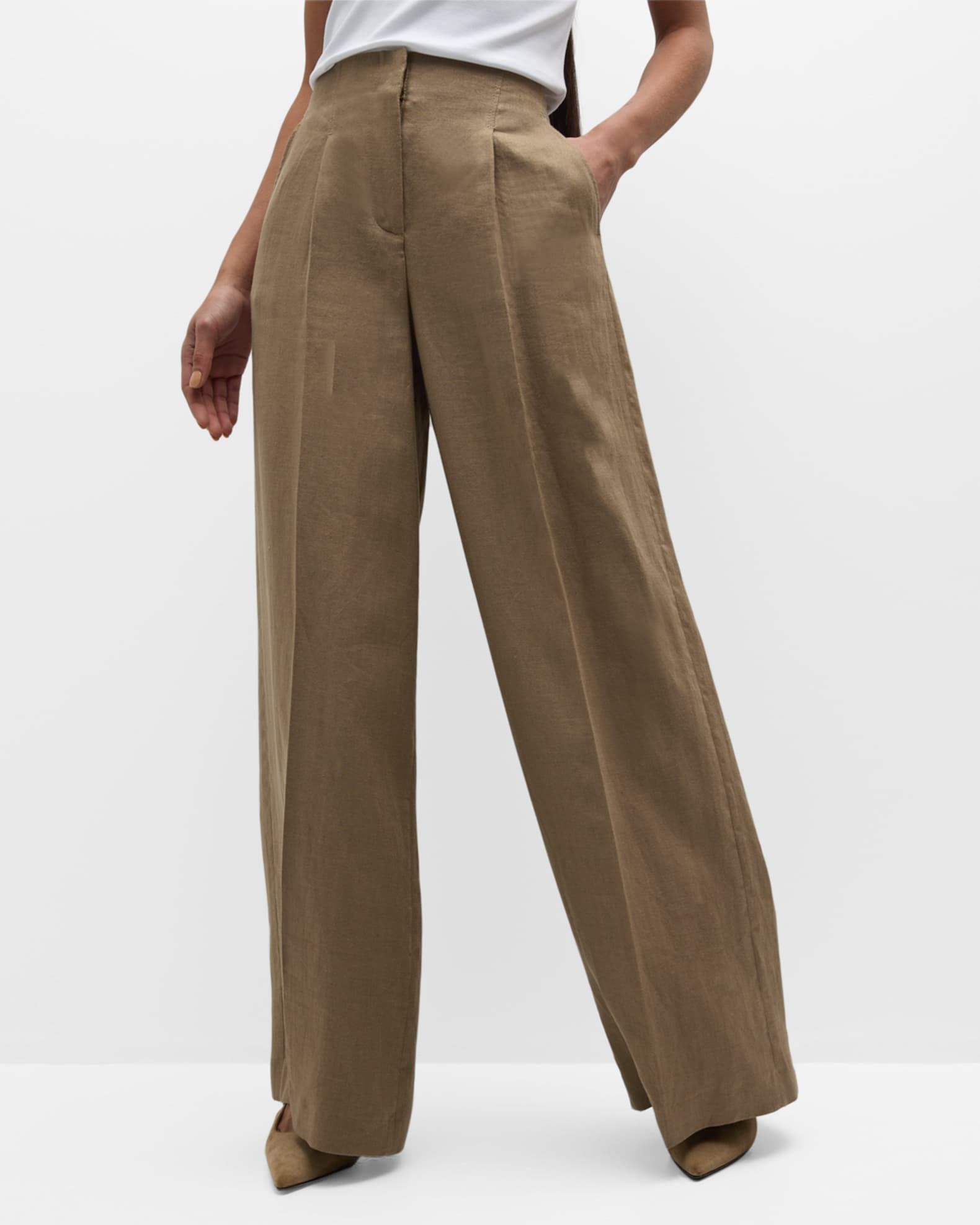 Peserico Pleated High-Rise Wide-Leg Linen Pants | Neiman Marcus