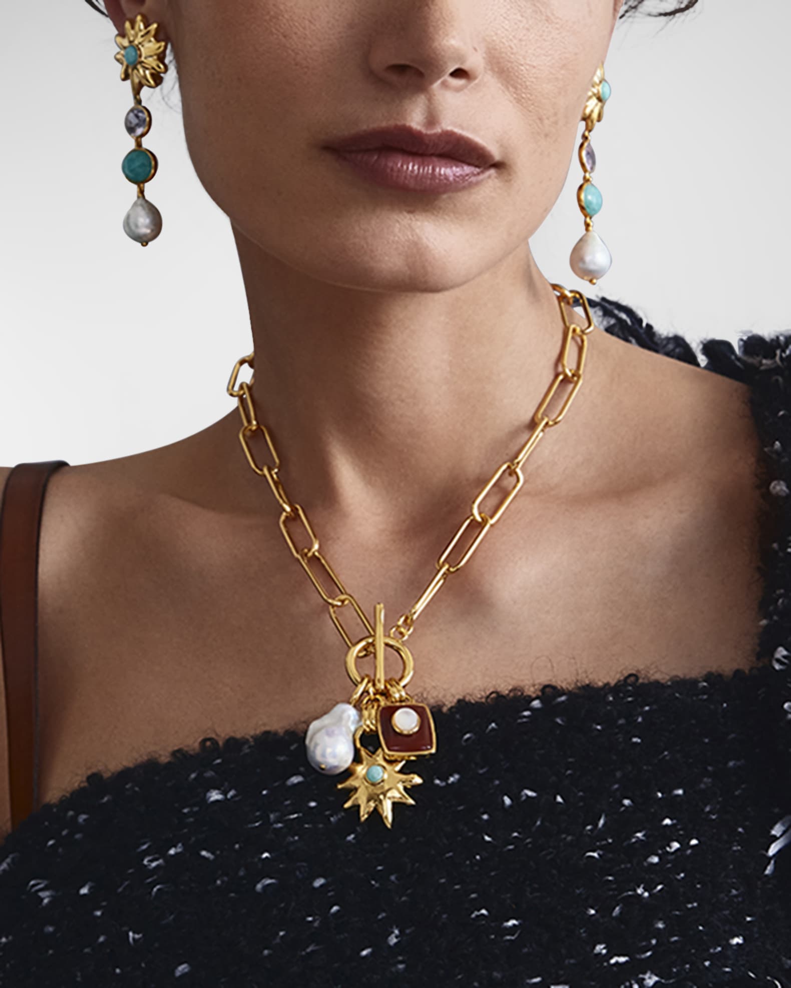 Lizzie Fortunato Helios 24K Gold Plated Pearl Amazonite Charm Necklace ...