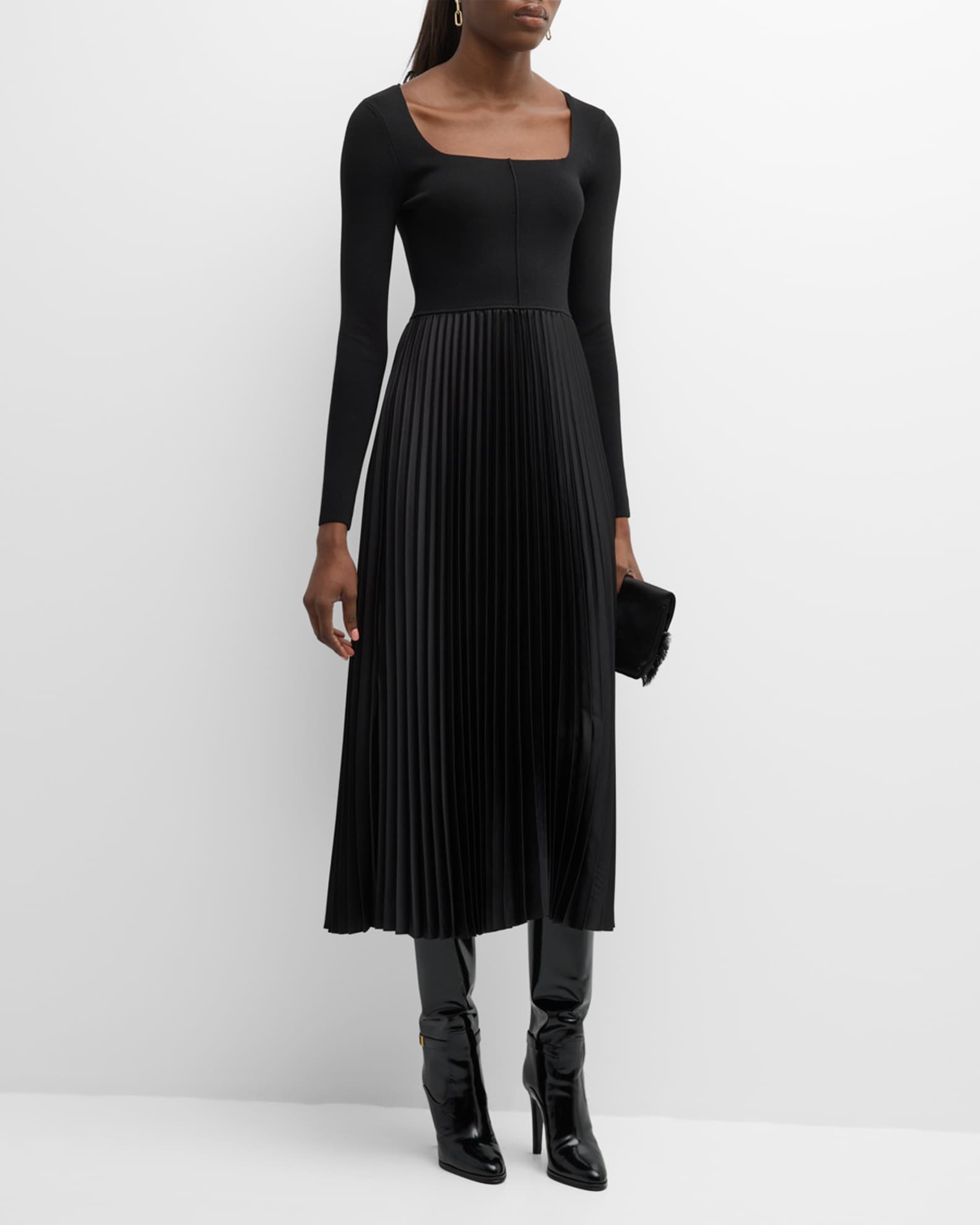 Elie Tahari The Fara Pleated Square-Neck Midi Dress | Neiman Marcus