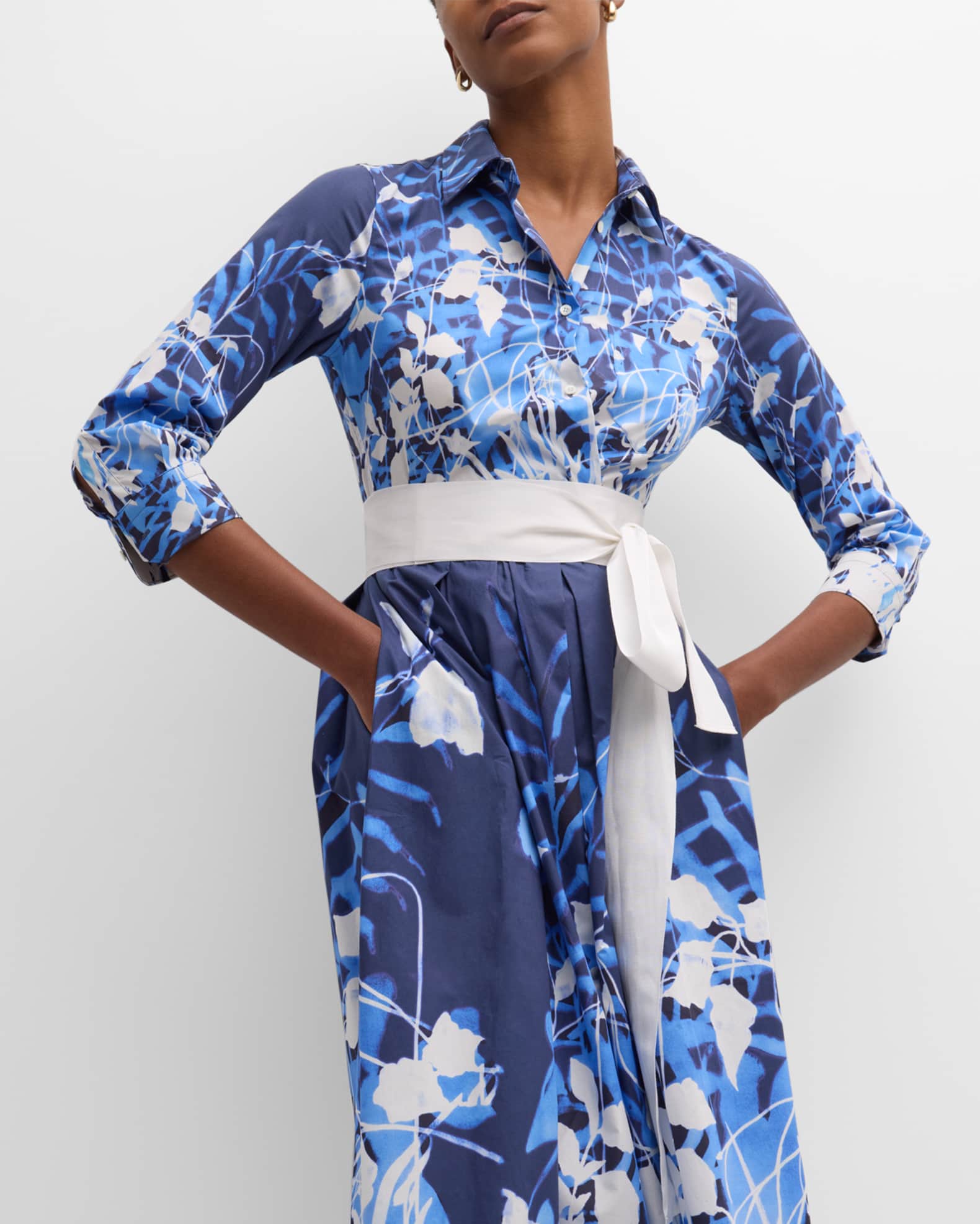 Sara Roka Elenat Pleated Botanical-Print Midi Shirtdress | Neiman Marcus