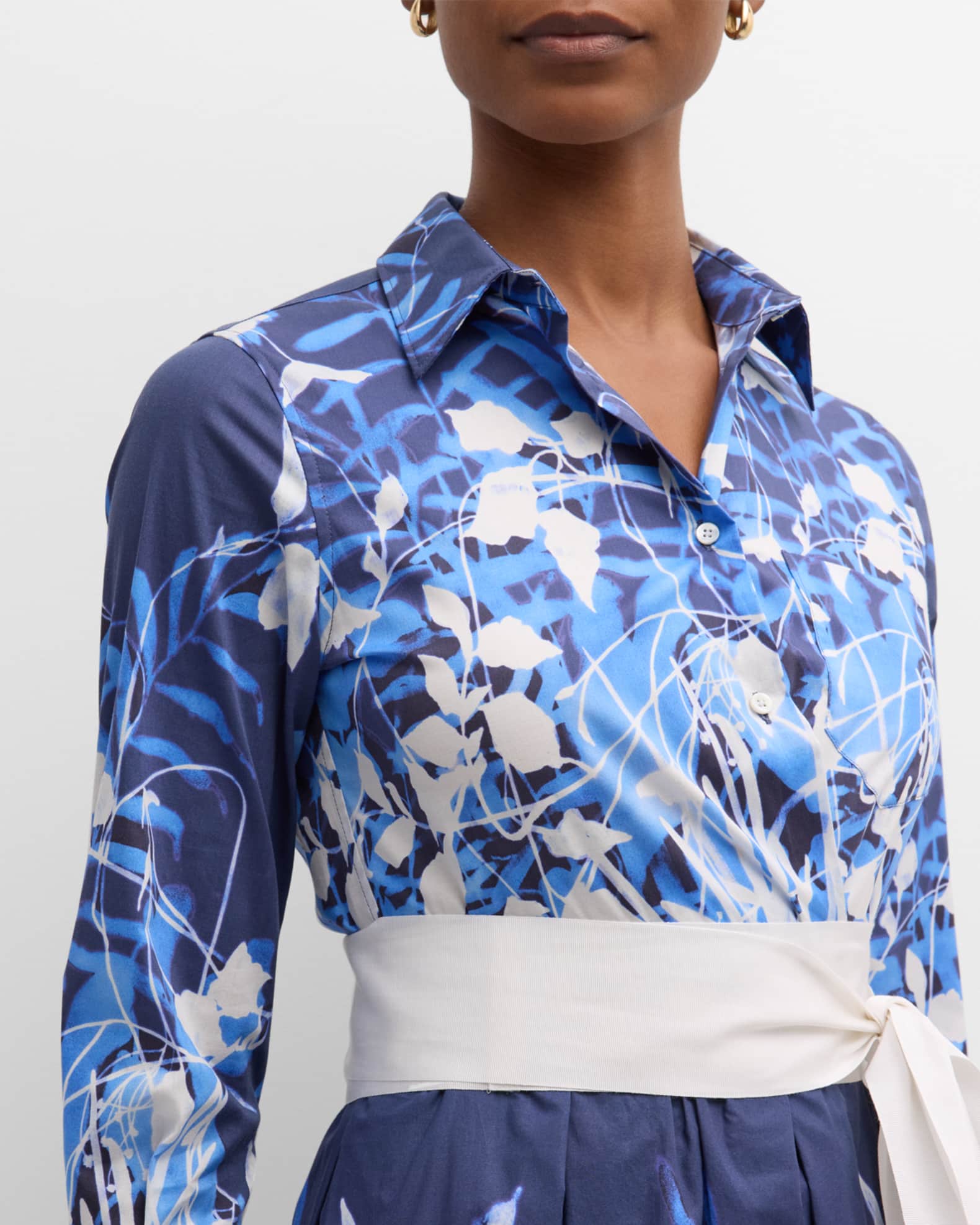 Sara Roka Elenat Pleated Botanical-Print Midi Shirtdress | Neiman Marcus