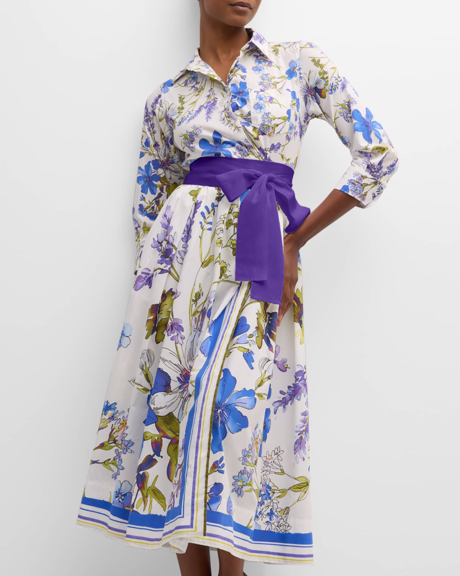 Sara Roka Elenat Floral-Print Belted Midi Shirtdress | Neiman Marcus