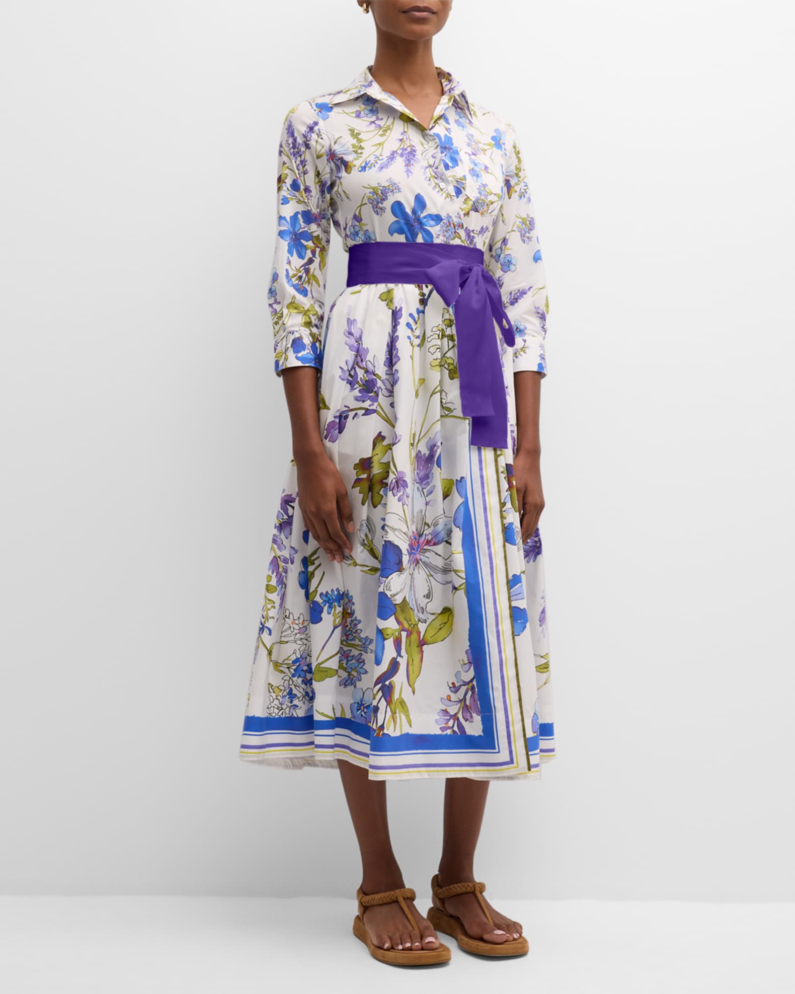 Sara Roka Elenat Floral-Print Belted Midi Shirtdress | Neiman Marcus