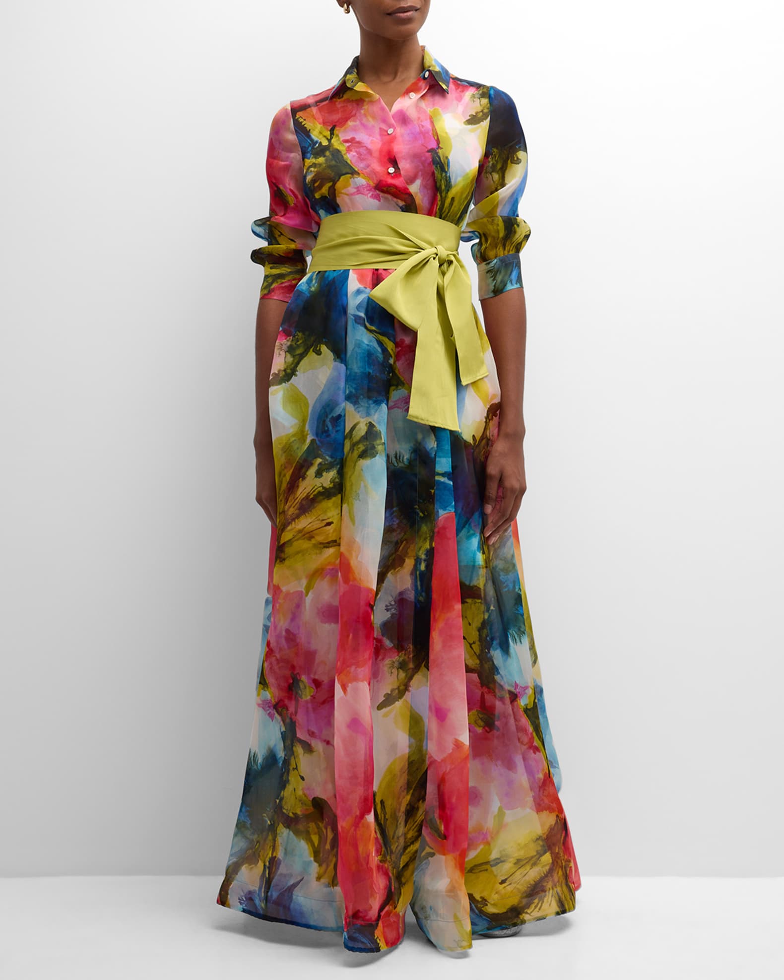 Sara Roka Elenat Belted Watercolor-Print Shirt Gown | Neiman Marcus