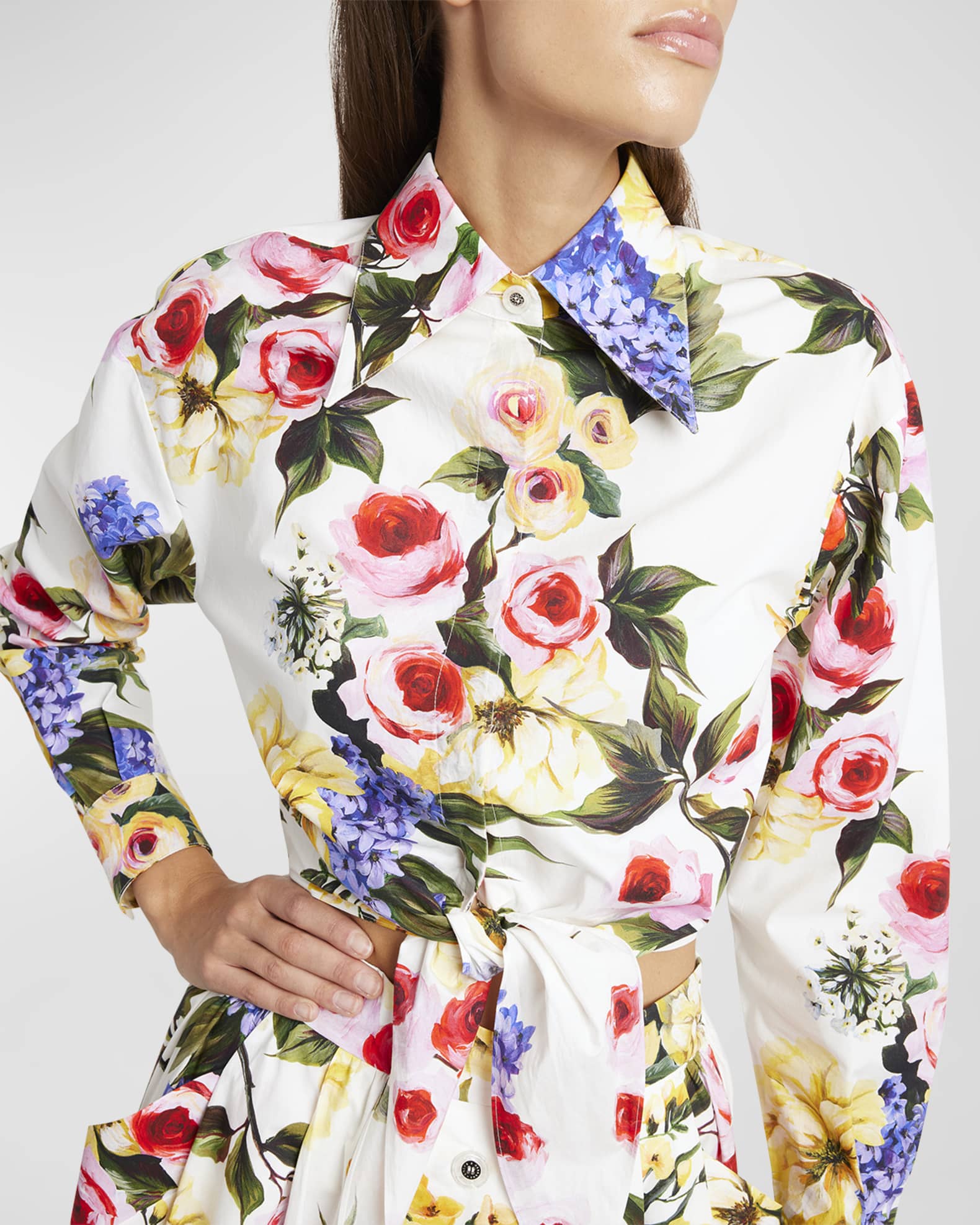 Dolce&Gabbana Floral Print Cropped Poplin Shirt with Front Tie | Neiman ...
