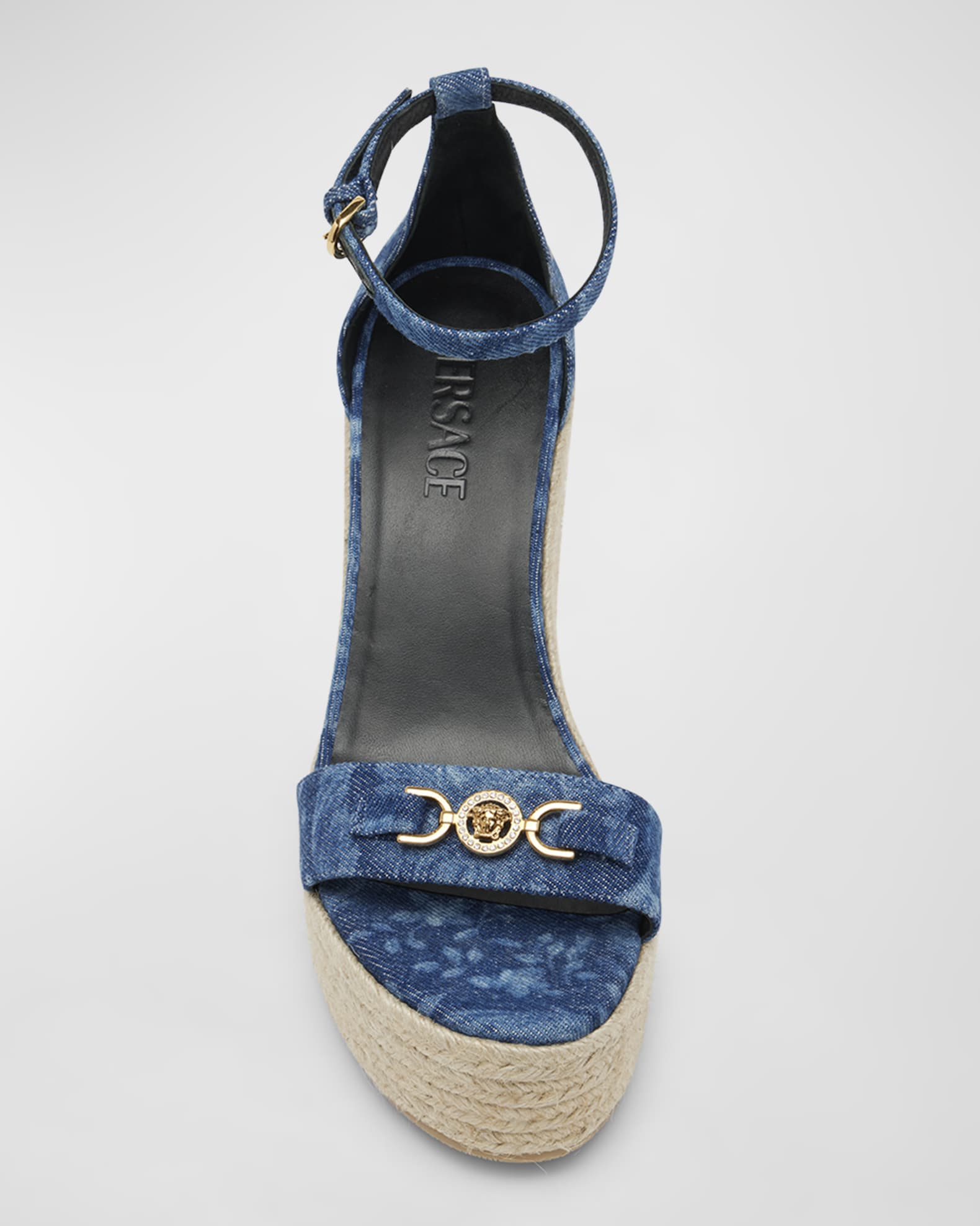 Versace Medusa Denim Ankle-Strap Wedge Espadrilles | Neiman Marcus