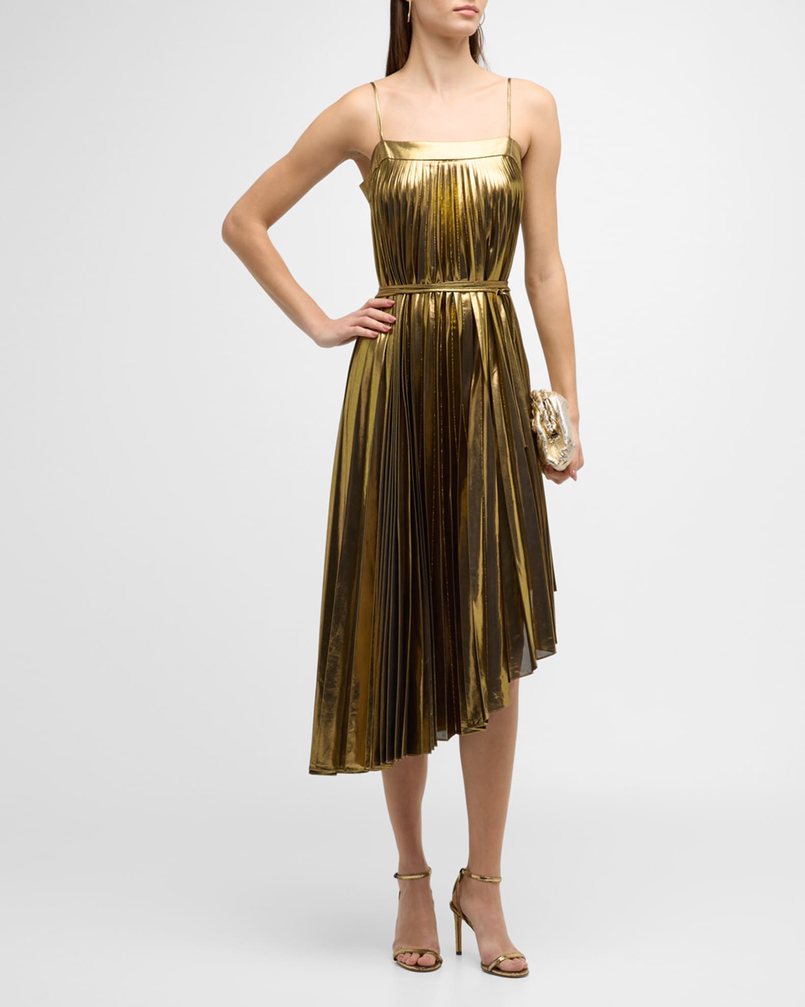 Milly Irene Pleated Metallic High-Low Midi Dress | Neiman Marcus