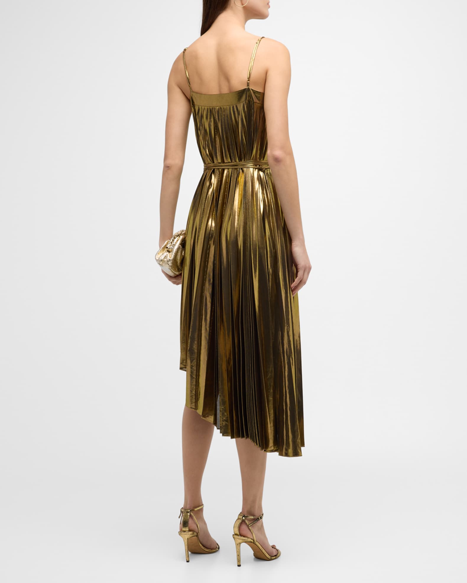 Milly Irene Pleated Metallic High-Low Midi Dress | Neiman Marcus