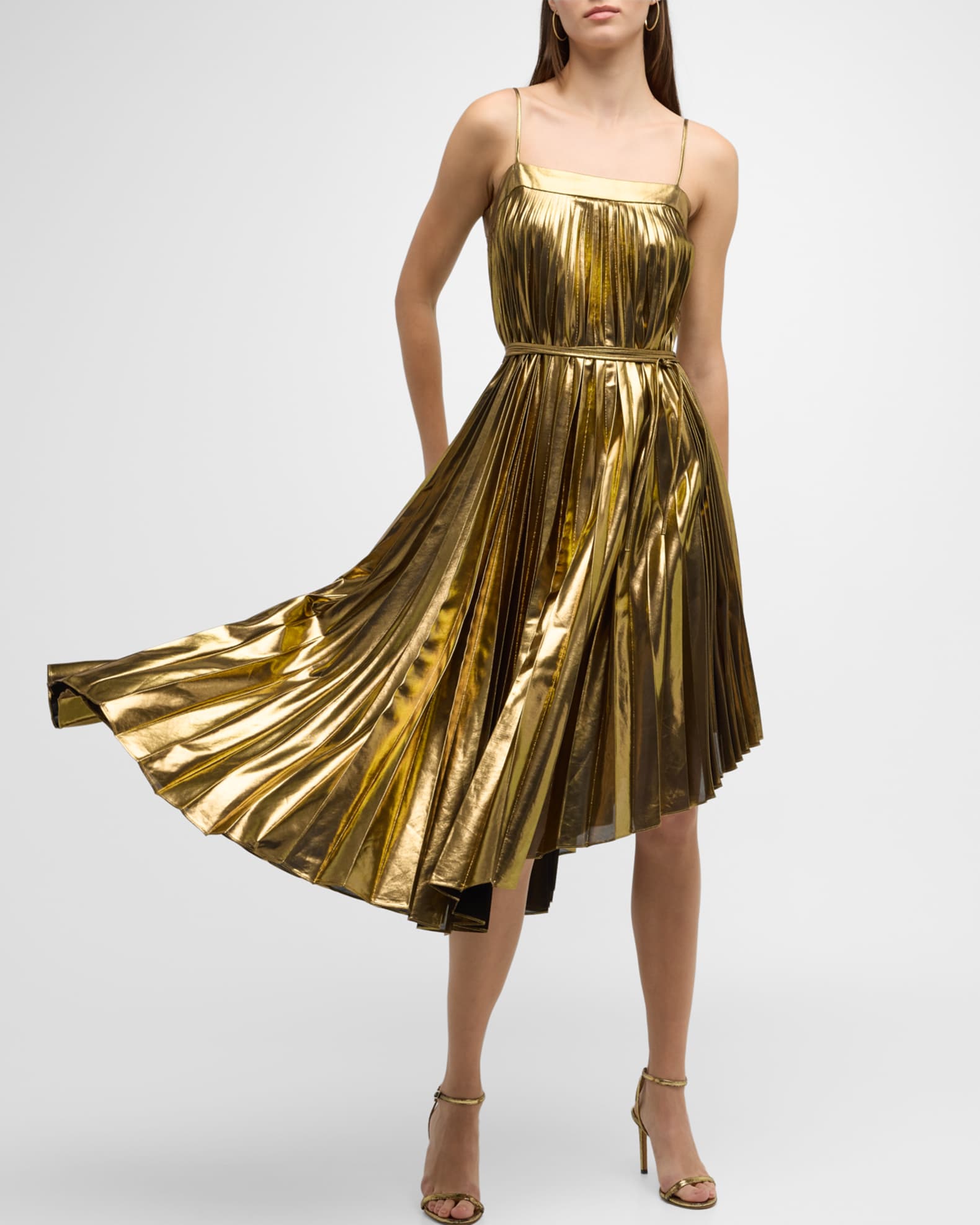 Milly Irene Pleated Metallic High-Low Midi Dress | Neiman Marcus