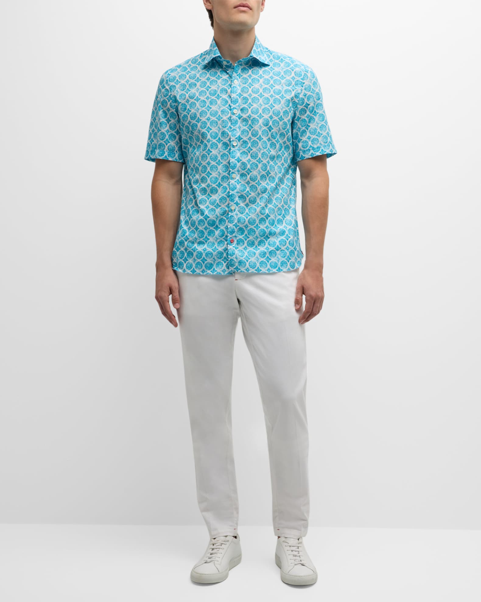 Isaia Men's Cotton Medallion-Print Short-Sleeve Shirt | Neiman Marcus