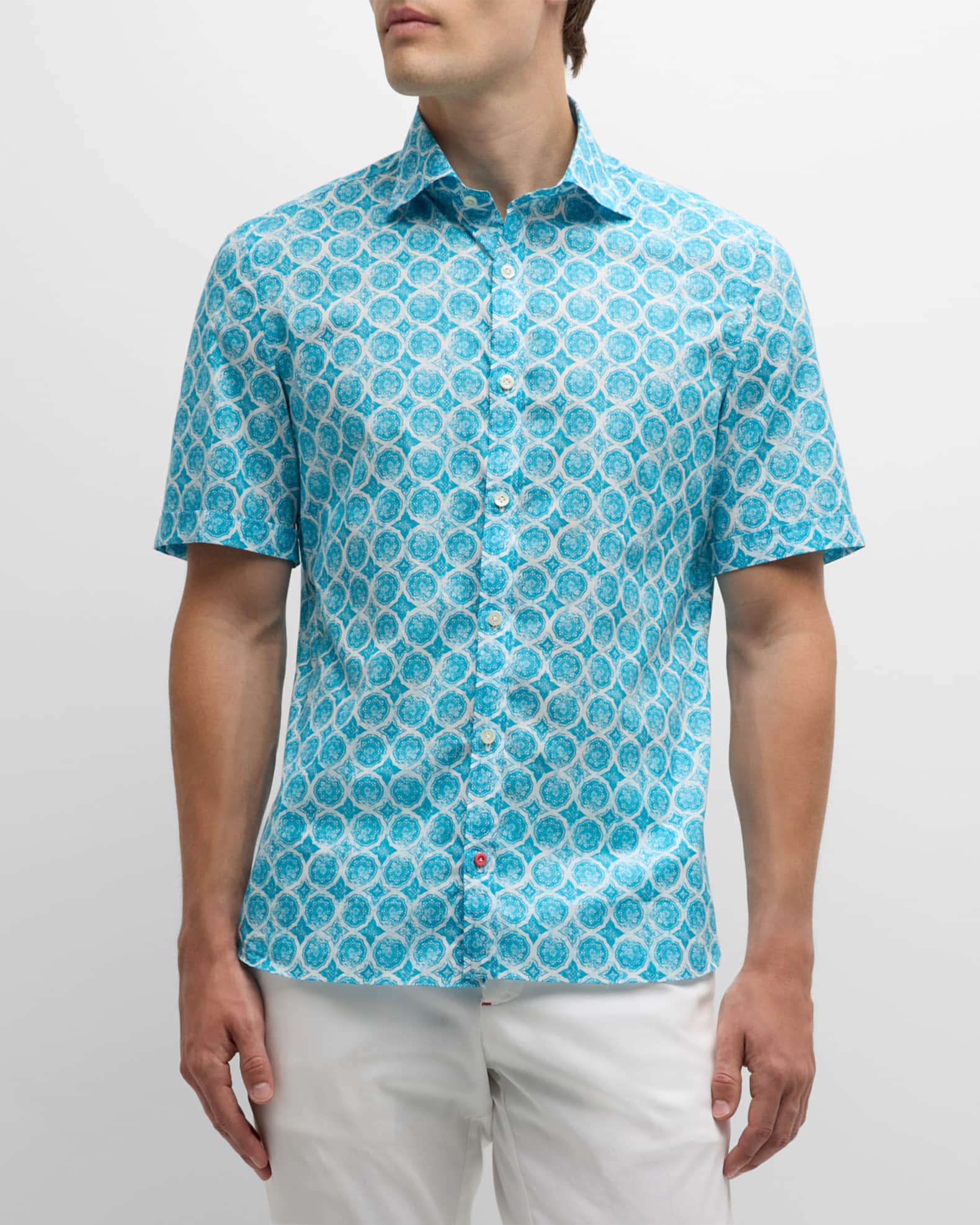 Isaia Men's Cotton Medallion-Print Short-Sleeve Shirt | Neiman Marcus