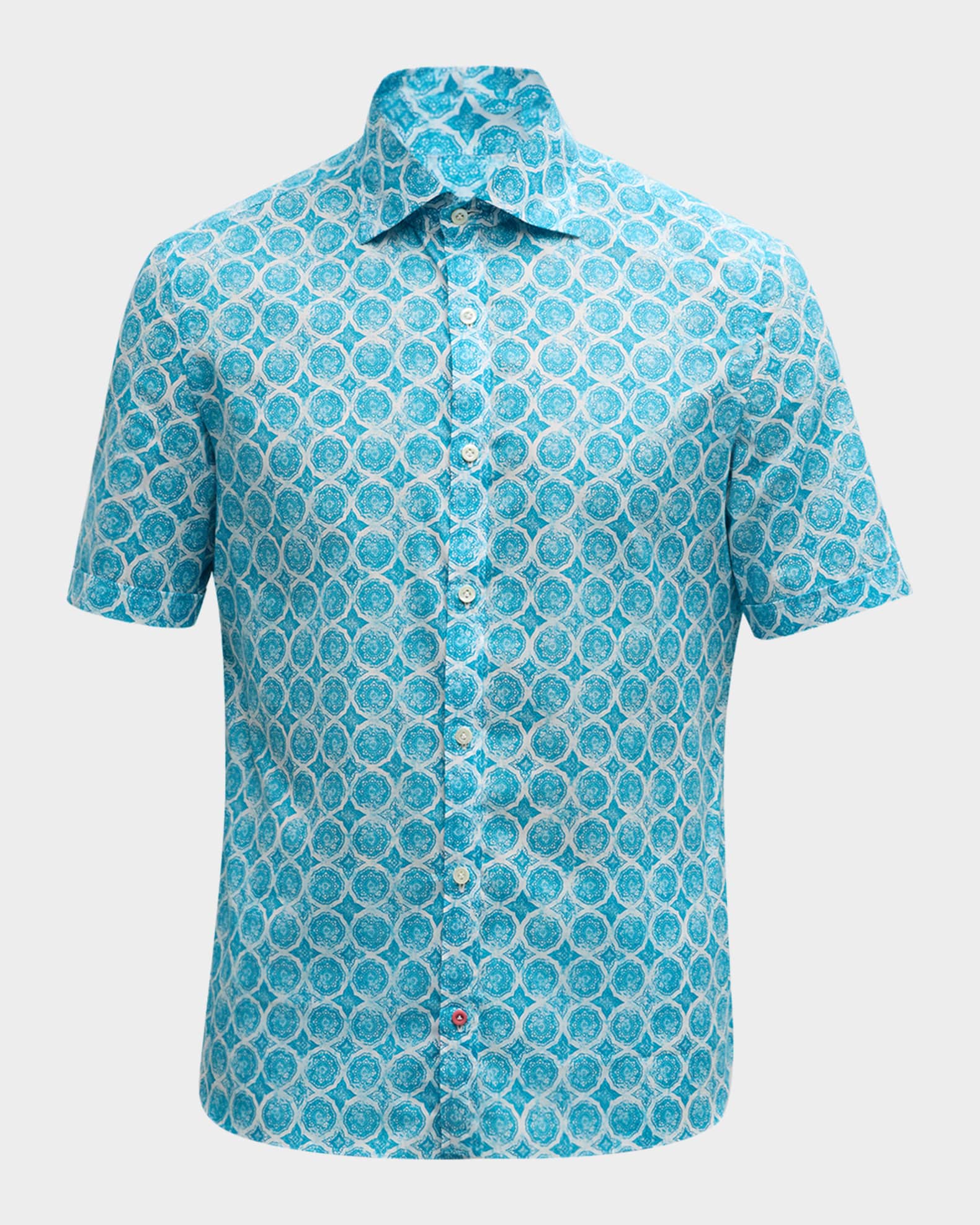 Isaia Men's Cotton Medallion-Print Short-Sleeve Shirt | Neiman Marcus