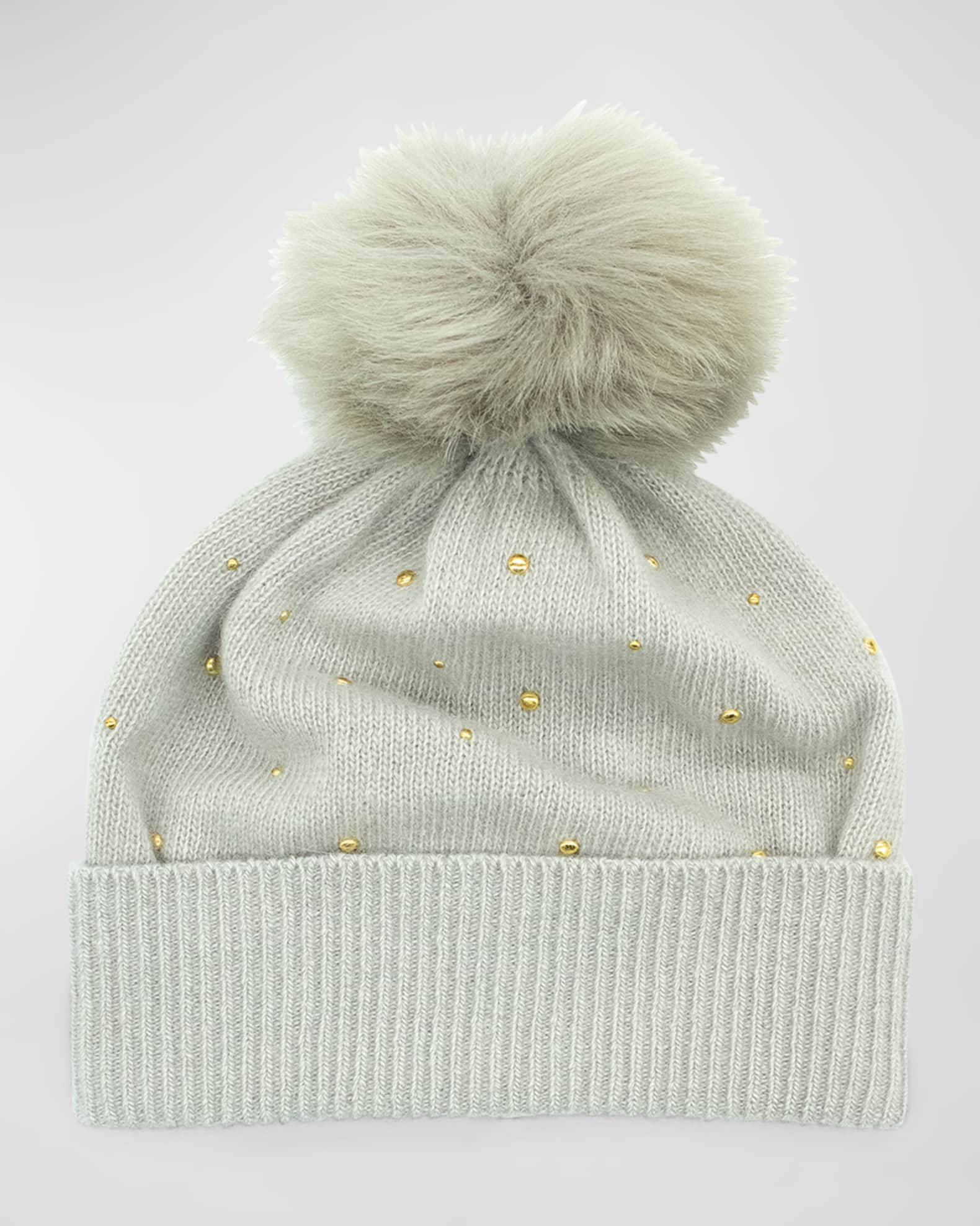 Portolano Cashmere Studded Beanie with Faux Fur Pom | Neiman Marcus
