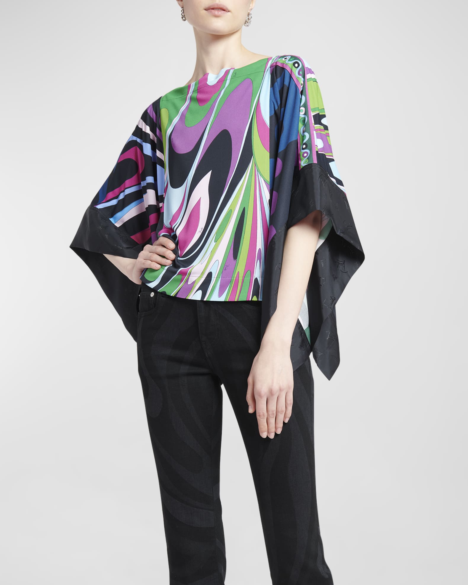 Emilio Pucci Abstract-Print Satin Handkerchief Blouse | Neiman Marcus