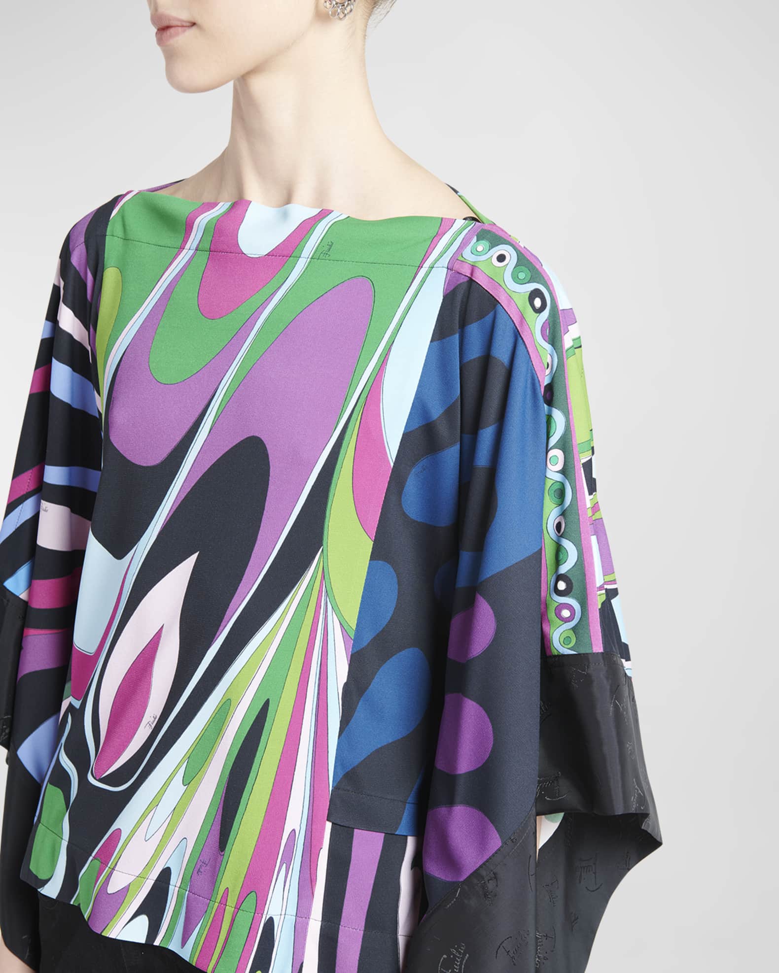 Emilio Pucci Abstract-Print Satin Handkerchief Blouse | Neiman Marcus