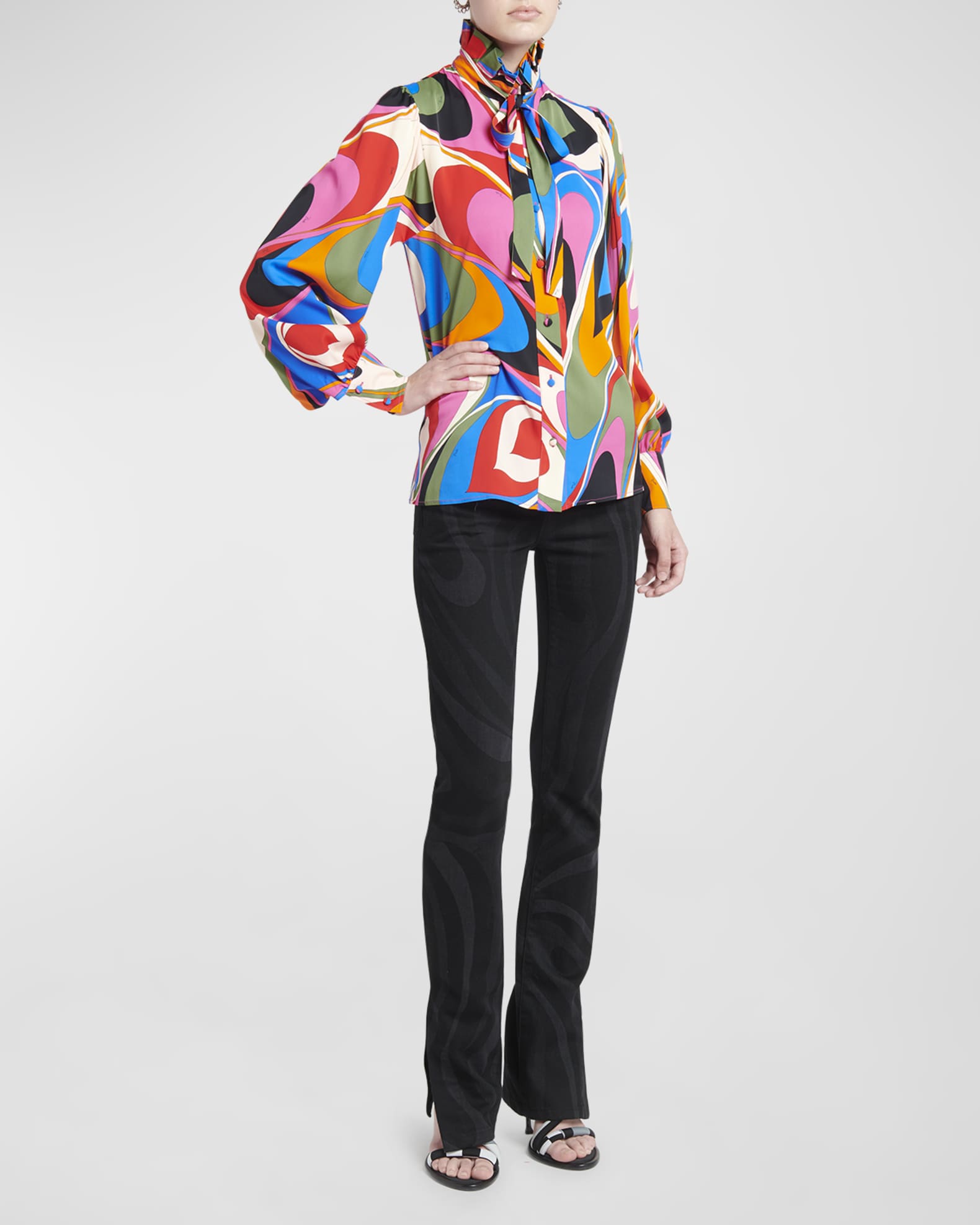 Emilio Pucci Abstract-Print Neck-Tie Ruffle-Collared Shirt | Neiman Marcus
