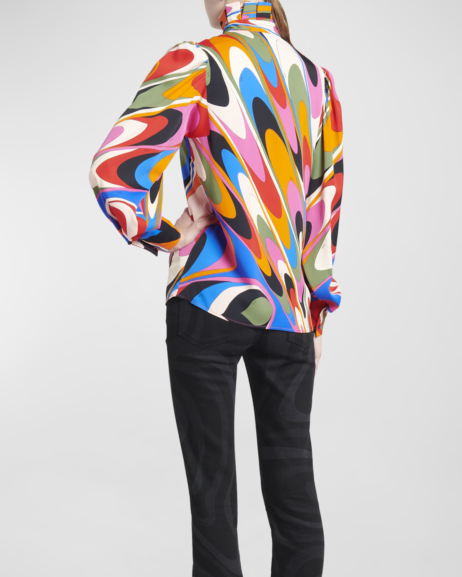 Emilio Pucci Abstract-Print Neck-Tie Ruffle-Collared Shirt | Neiman Marcus