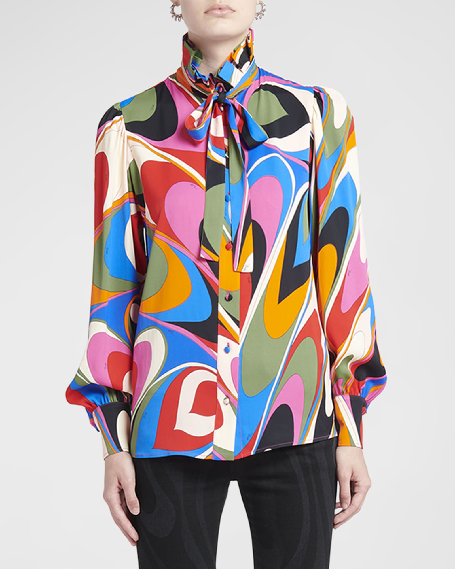 Emilio Pucci Abstract-Print Neck-Tie Ruffle-Collared Shirt | Neiman Marcus