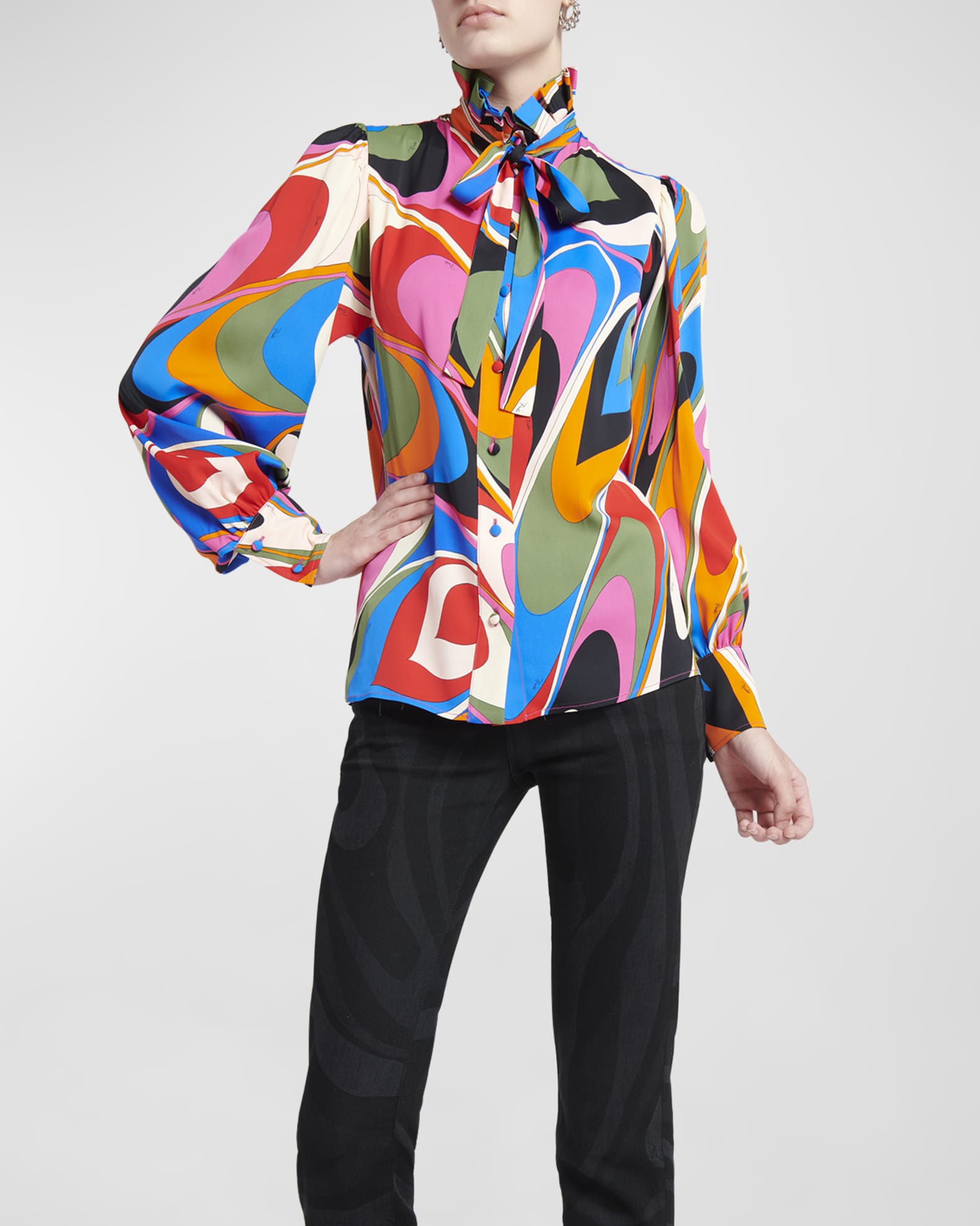 Emilio Pucci Abstract-Print Neck-Tie Ruffle-Collared Shirt | Neiman Marcus