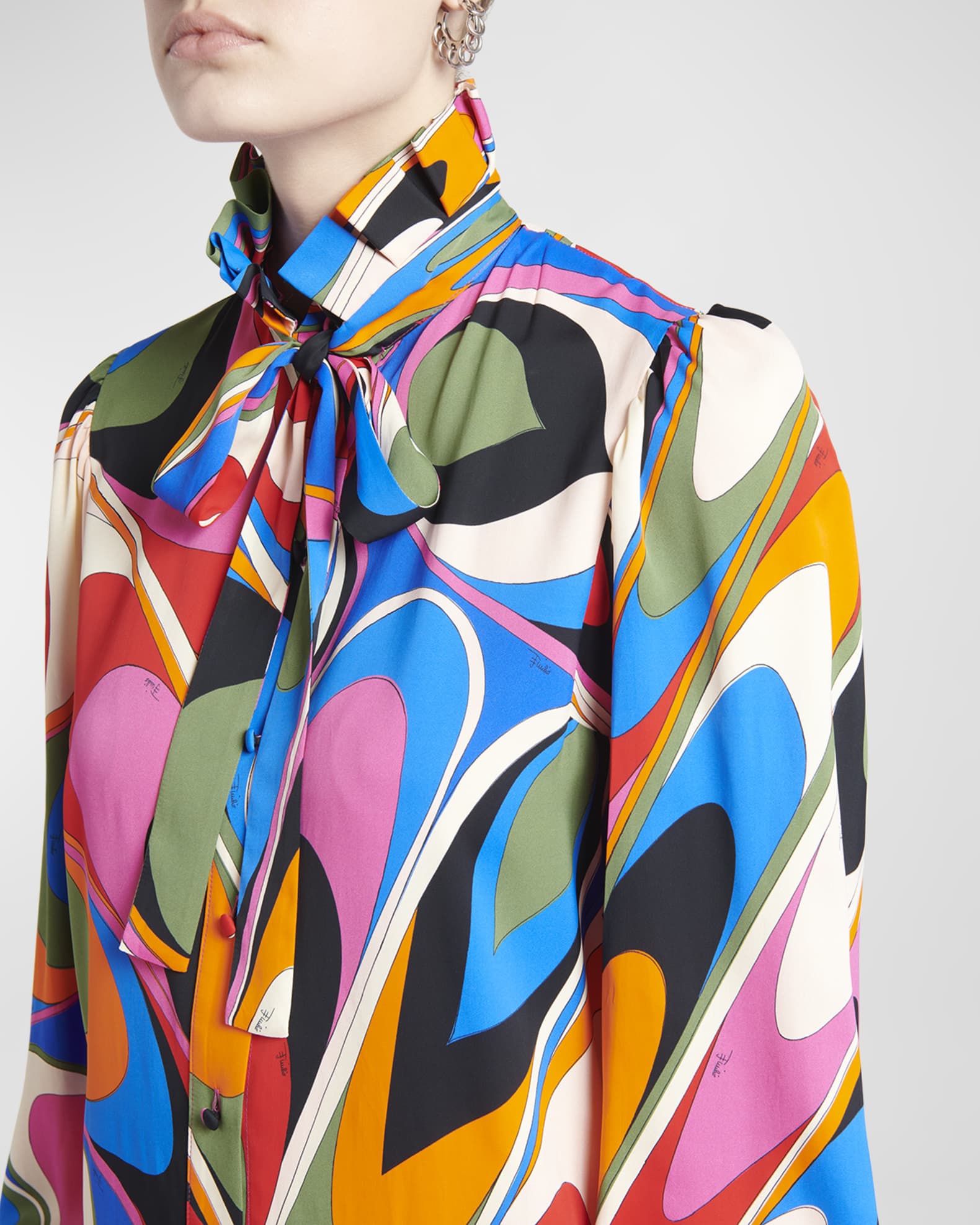 Emilio Pucci Abstract-Print Neck-Tie Ruffle-Collared Shirt | Neiman Marcus