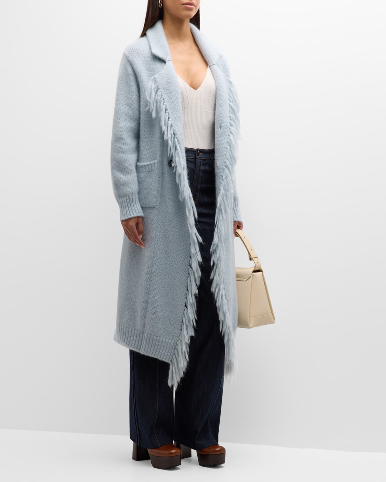 Lingua Franca Mavis Double-Breasted Fringe-Trim Knit Coat | Neiman Marcus