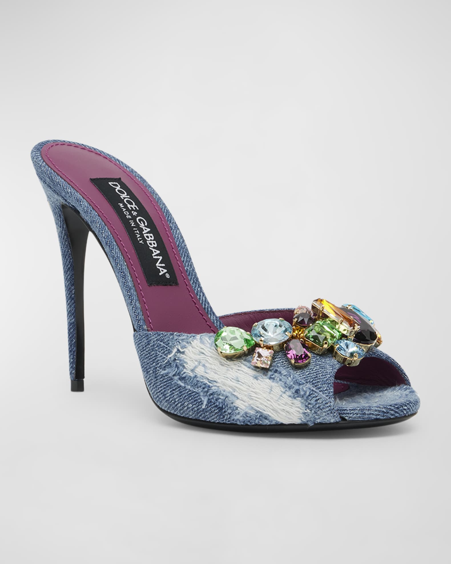 Dolce&Gabbana Denim Multicolored Crystal Stiletto Mules | Neiman Marcus