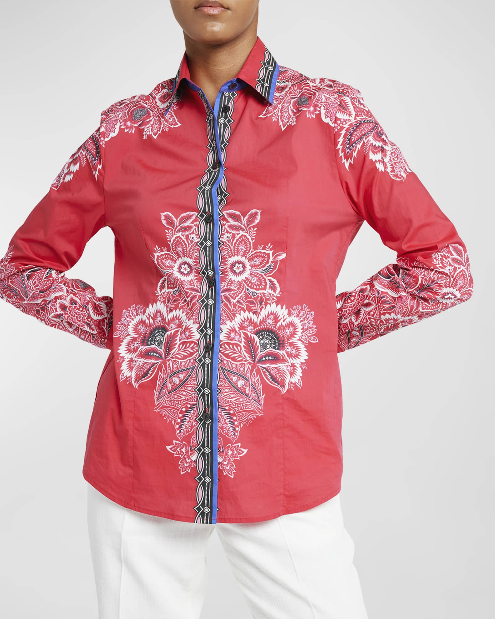 Etro Bandana Border-Print Collared Cotton Shirt | Neiman Marcus