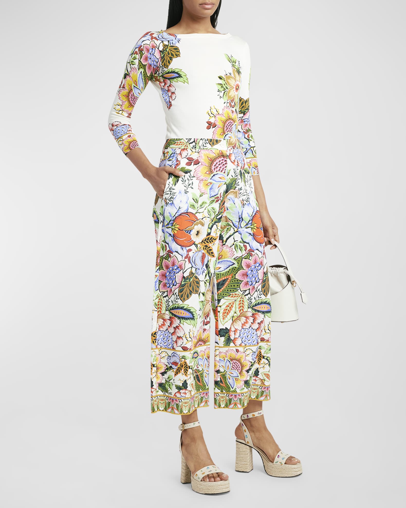 Etro Tree of Life Cropped Cotton Wide-Leg Pants | Neiman Marcus