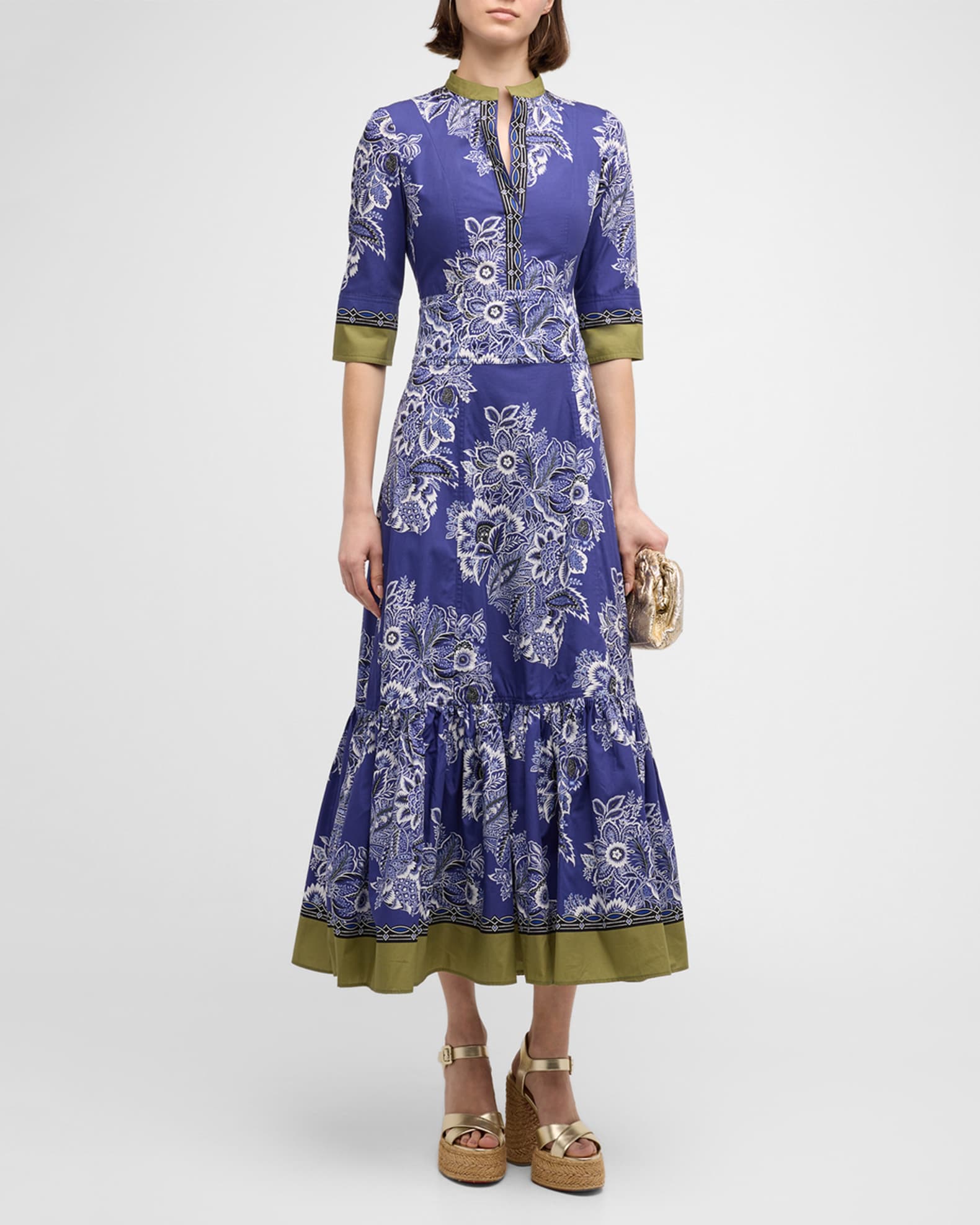 Etro Bandana-Print 3/4 Sleeve Midi Dress | Neiman Marcus
