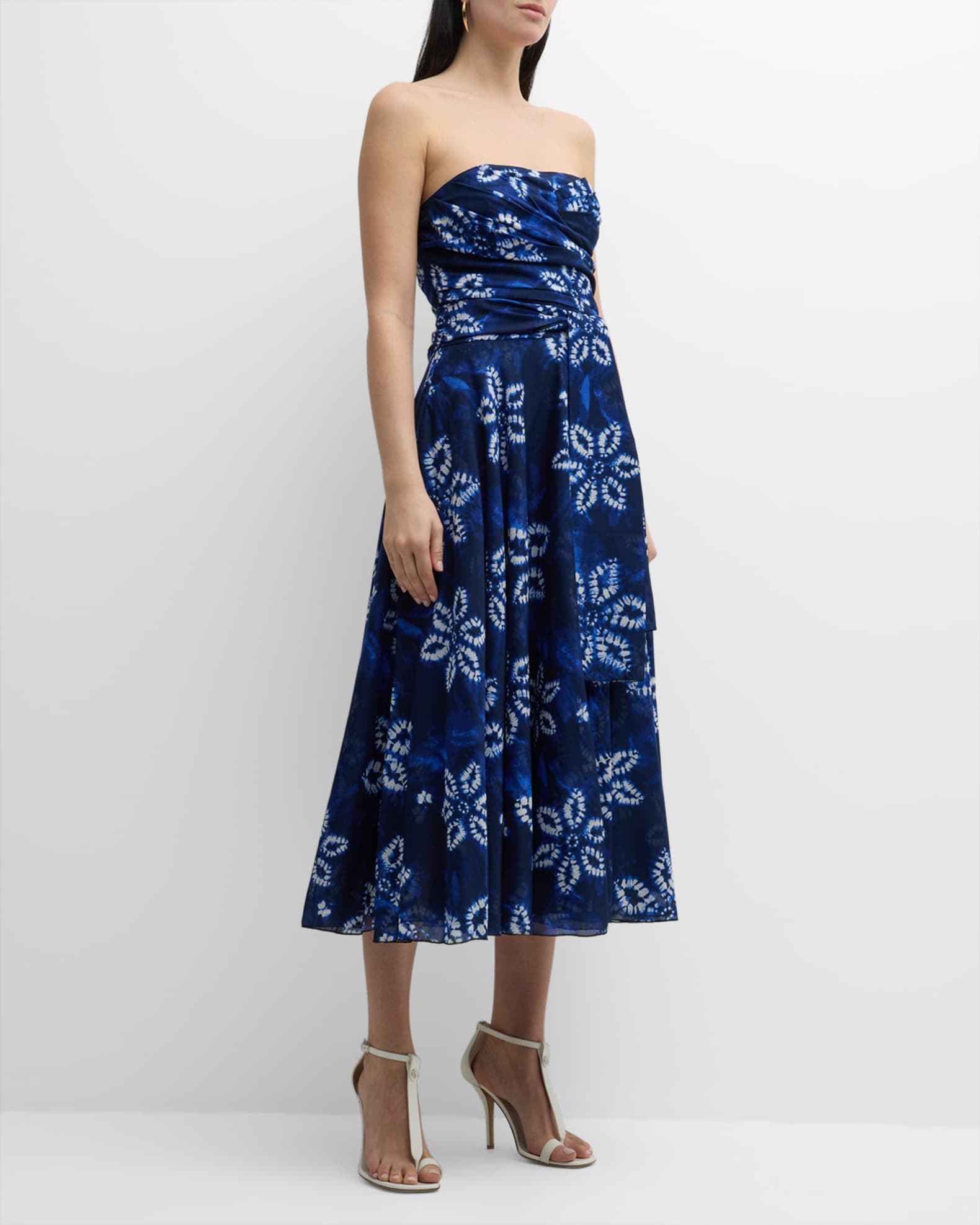 Samantha Sung Carol Strapless Tie-Dye Poplin Midi Dress | Neiman Marcus