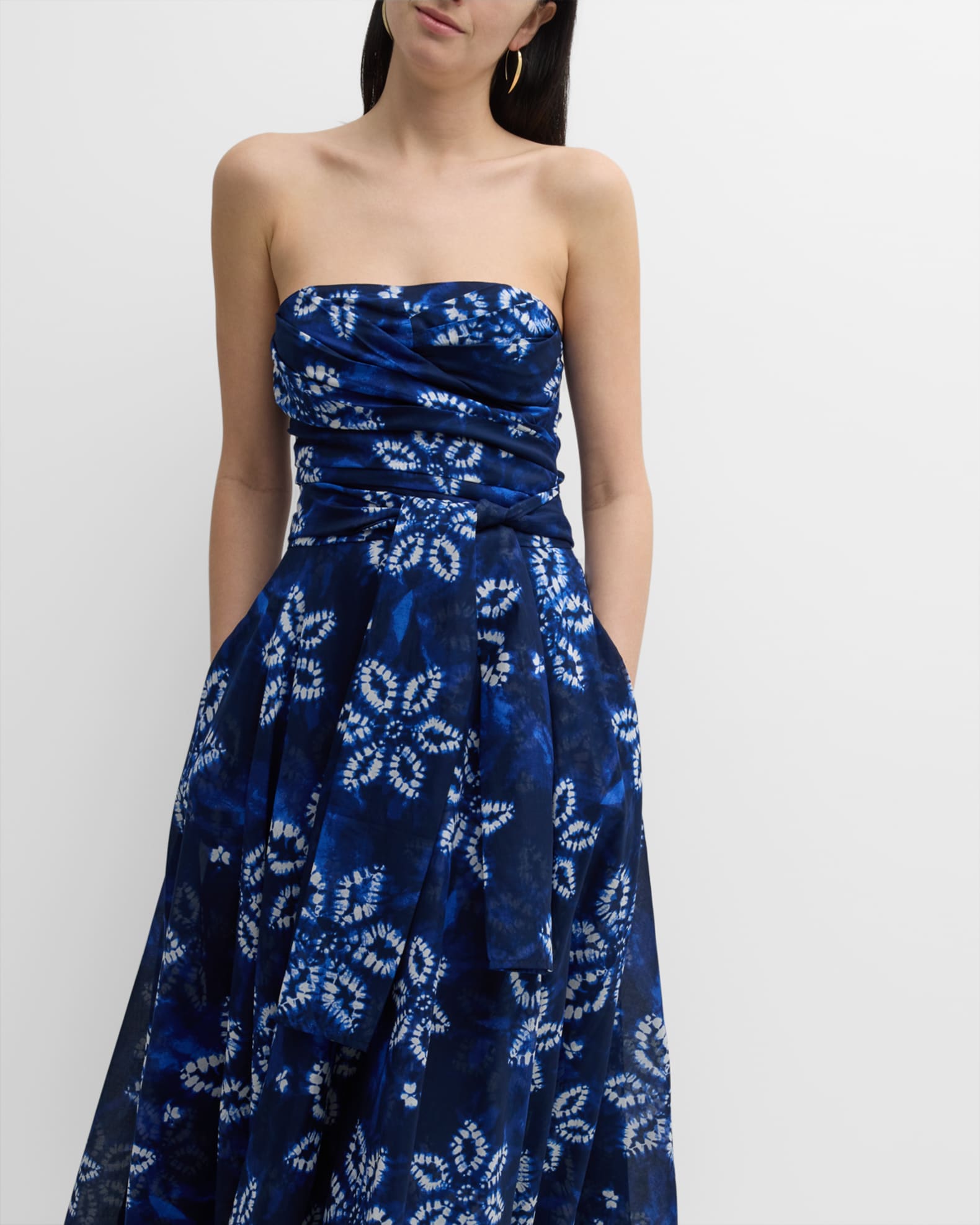 Samantha Sung Carol Strapless Tie-Dye Poplin Midi Dress | Neiman Marcus