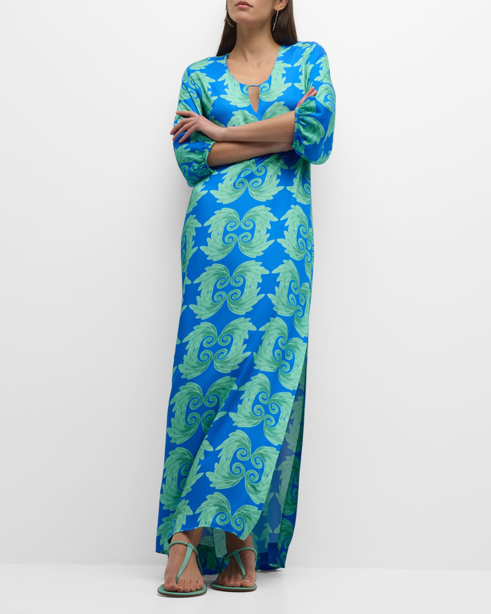 THEMIS Z Zoe Geometric-Print Blouson-Sleeve Maxi Kaftan | Neiman Marcus
