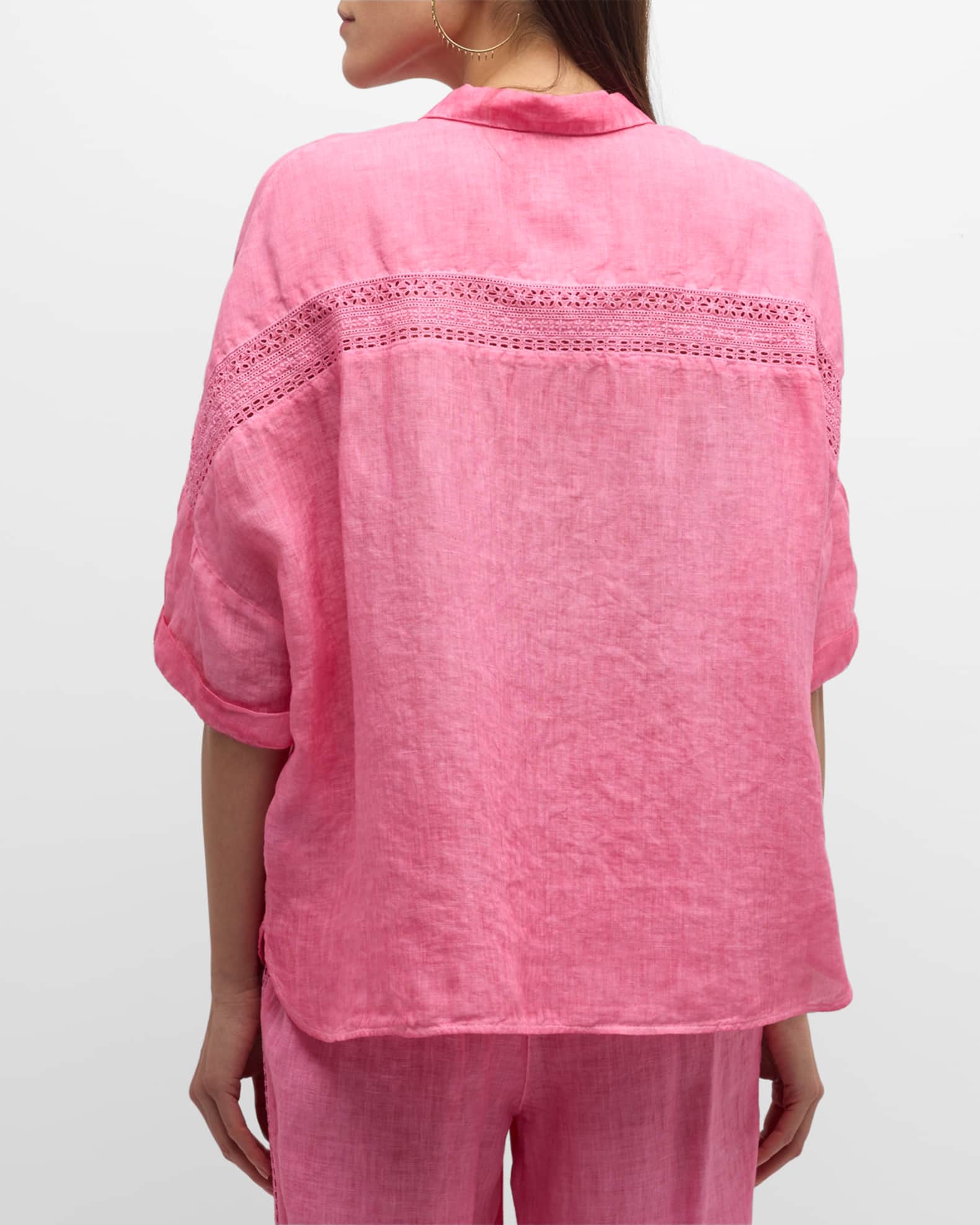 120% Lino Button-Down Embroidered Linen Blouse | Neiman Marcus