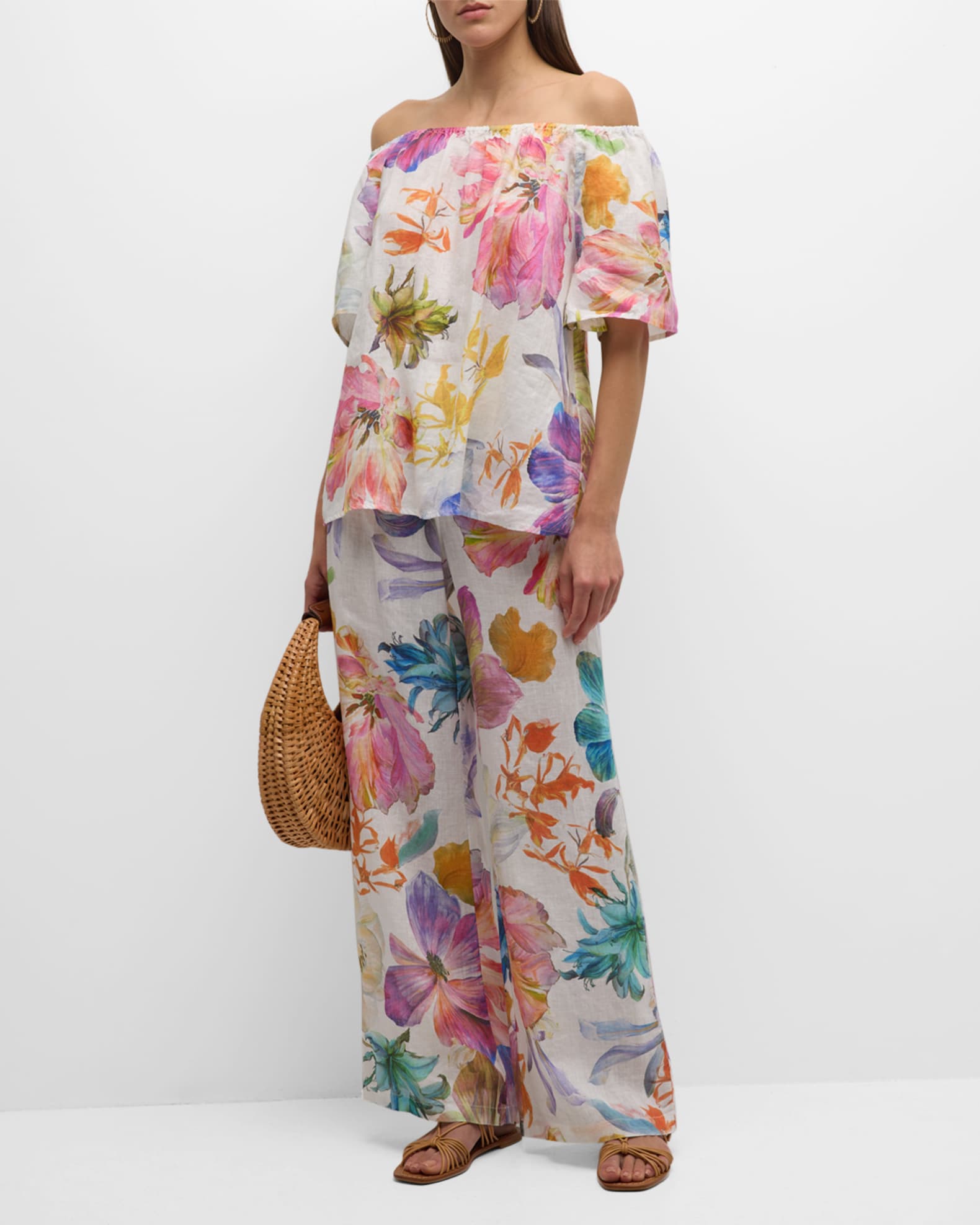 120% Lino Wide-Leg Floral-Print Linen Pants | Neiman Marcus