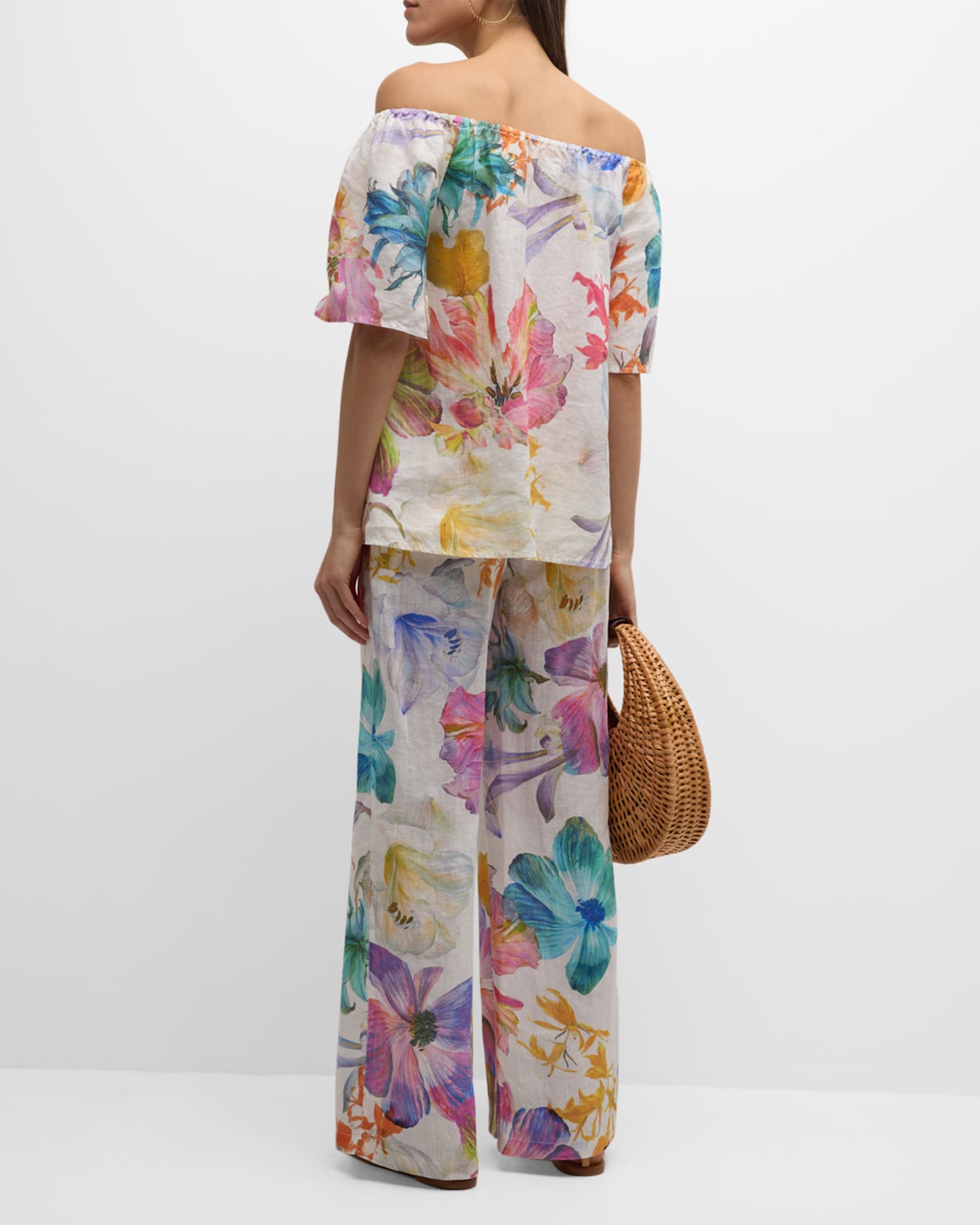 120% Lino Wide-Leg Floral-Print Linen Pants | Neiman Marcus