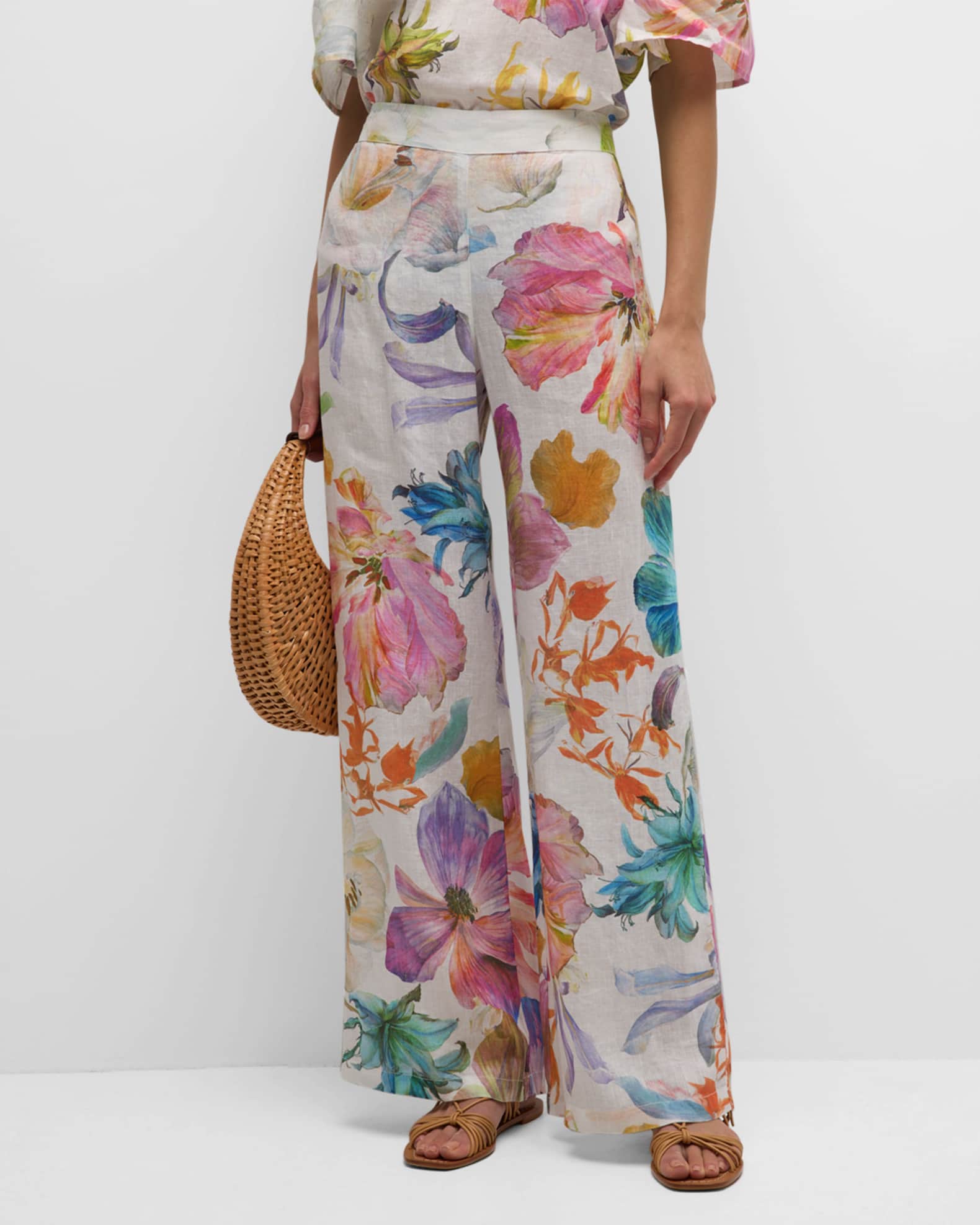 120% Lino Wide-Leg Floral-Print Linen Pants | Neiman Marcus