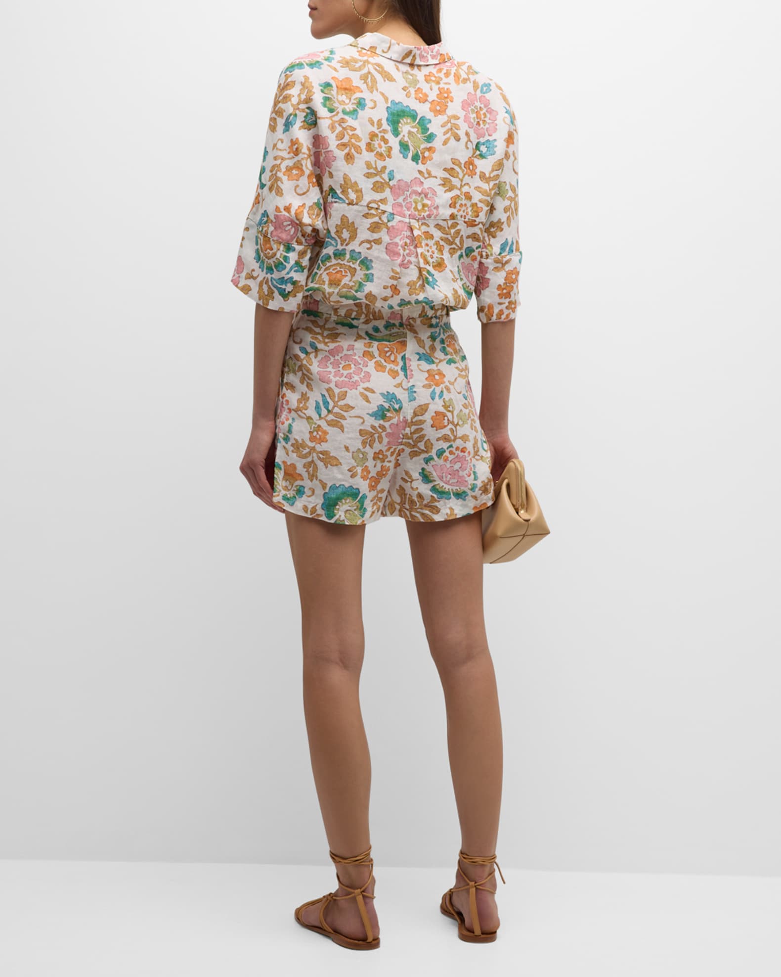 120% Lino Pleated Floral-Print Linen Shorts | Neiman Marcus