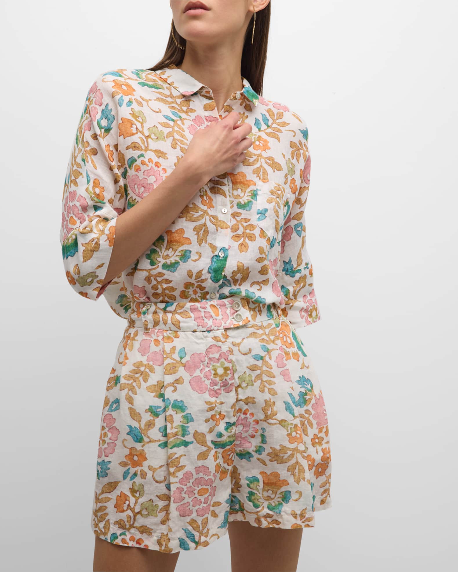 120% Lino Pleated Floral-Print Linen Shorts | Neiman Marcus