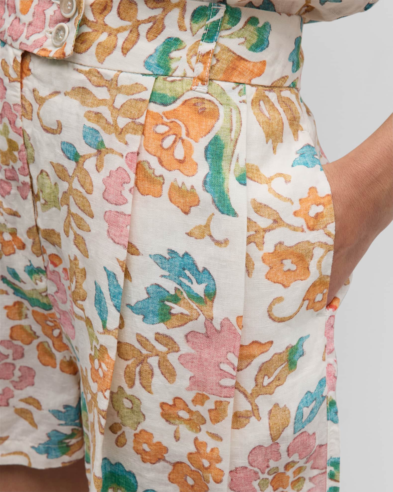 120% Lino Pleated Floral-Print Linen Shorts | Neiman Marcus