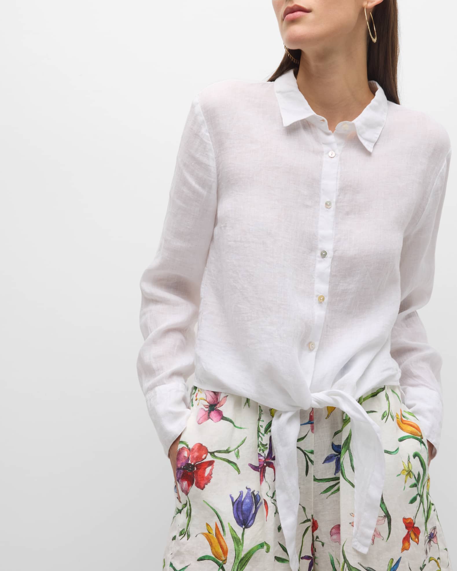 120% Lino Tie-Front Button-Down Linen Shirt | Neiman Marcus