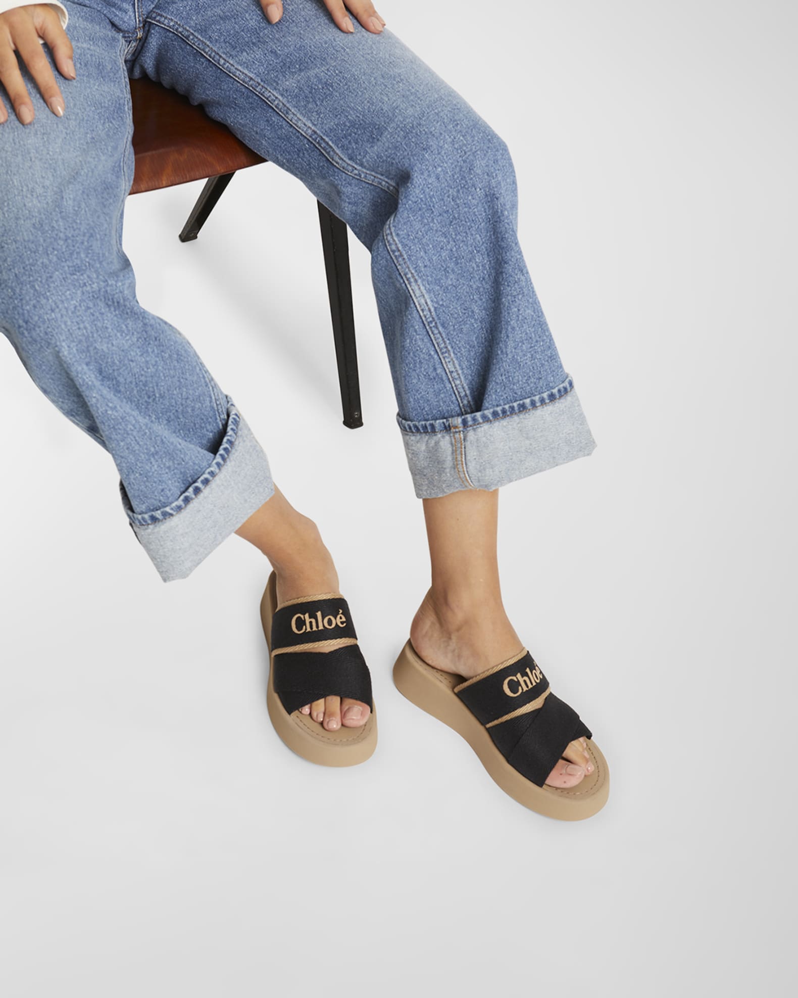 Chloe Mila Linen Logo Slide Sandals | Neiman Marcus