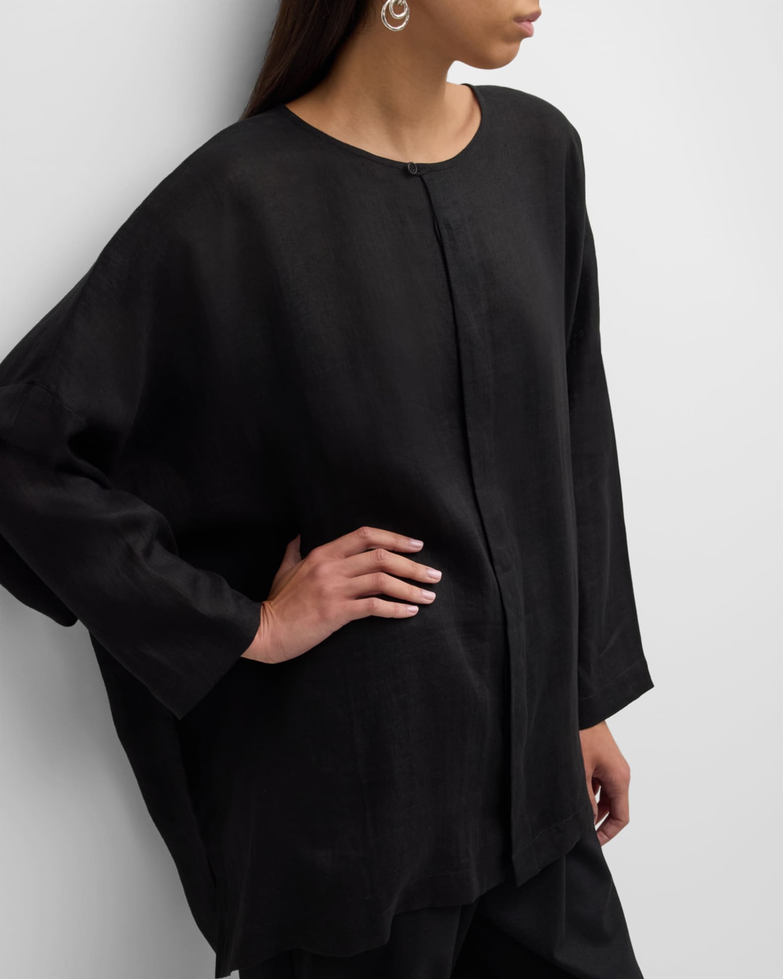 Eskandar Wide Longer-Back Bound Neck Linen Shirt (Long Length) | Neiman ...