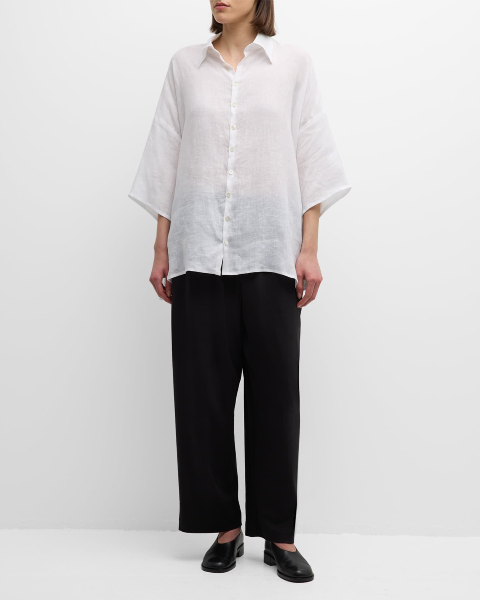 Eskandar Sloped Shoulder Wide A-Line Shirt With Collar (Long Length ...