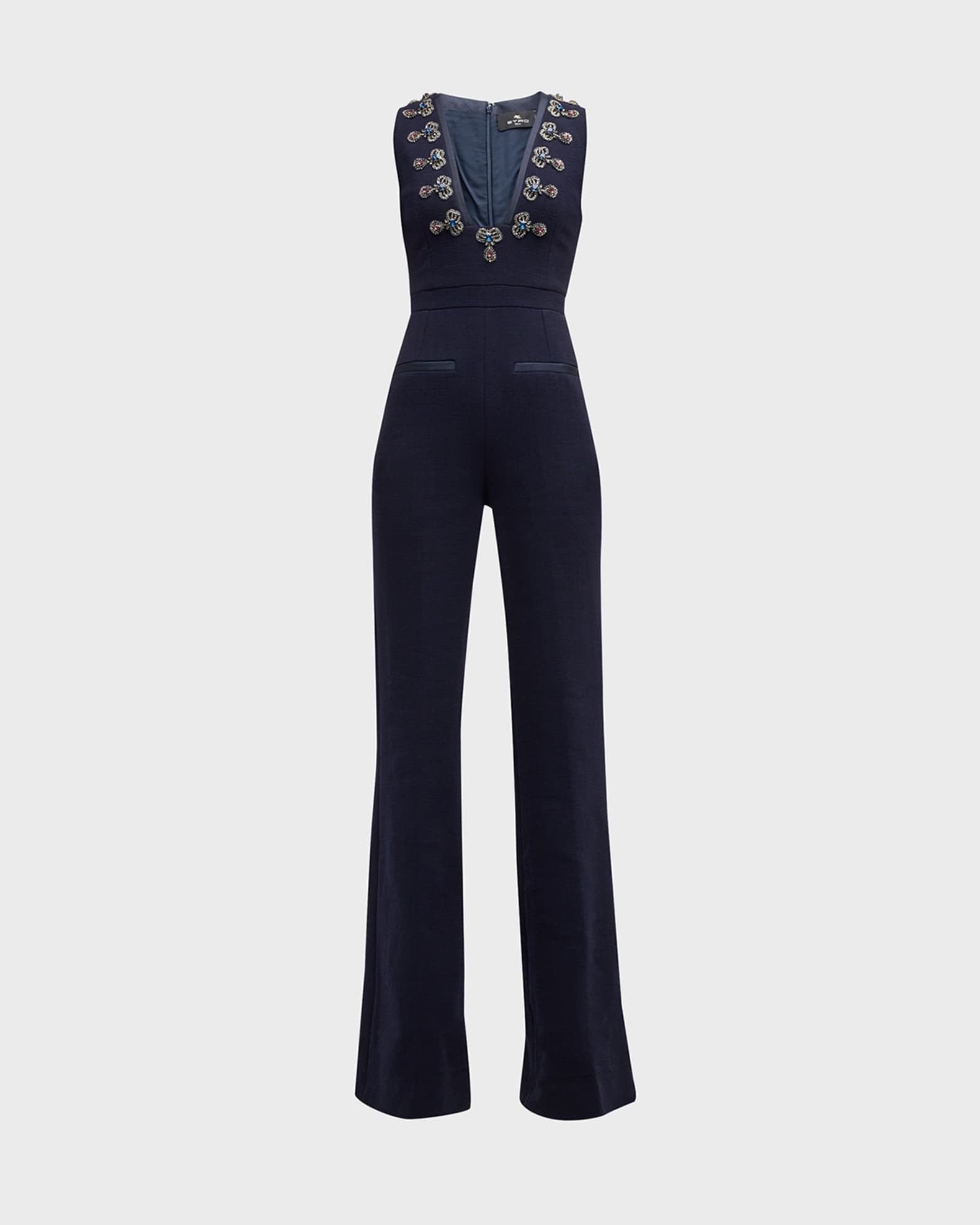 Etro Sleeveless Beaded Bootcut-Leg Wool Crepe Jumpsuit | Neiman Marcus
